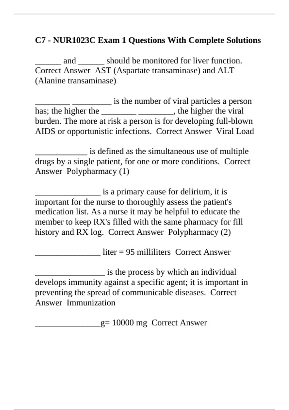 C7 - NUR1023C Exam 1 Questions With Complete Solutions - NUR 1023C ...