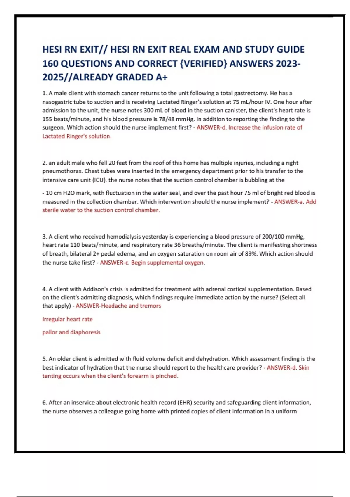 HESI RN EXIT// HESI RN EXIT REAL EXAM AND STUDY GUIDE 160 QUESTIONS AND ...