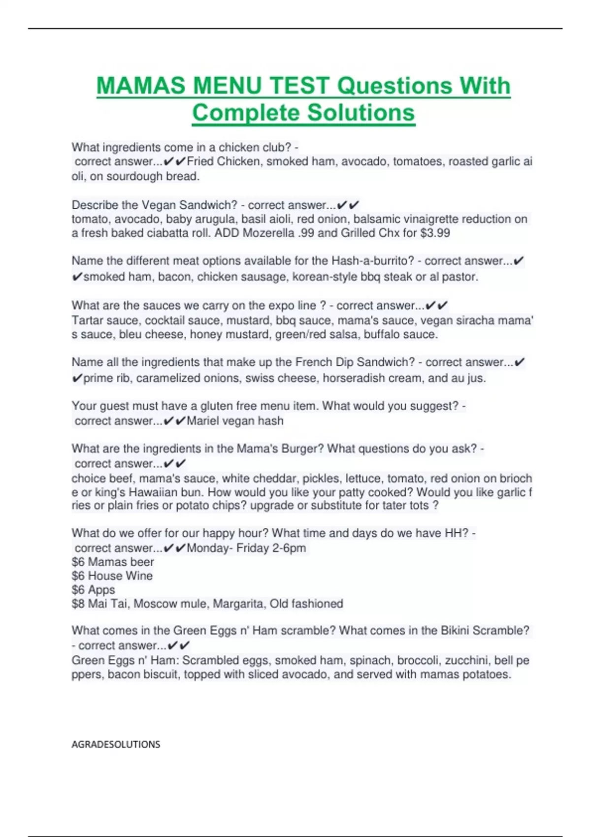 MAMAS MENU TEST Questions With Complete Solutions - MAMAS - Stuvia US