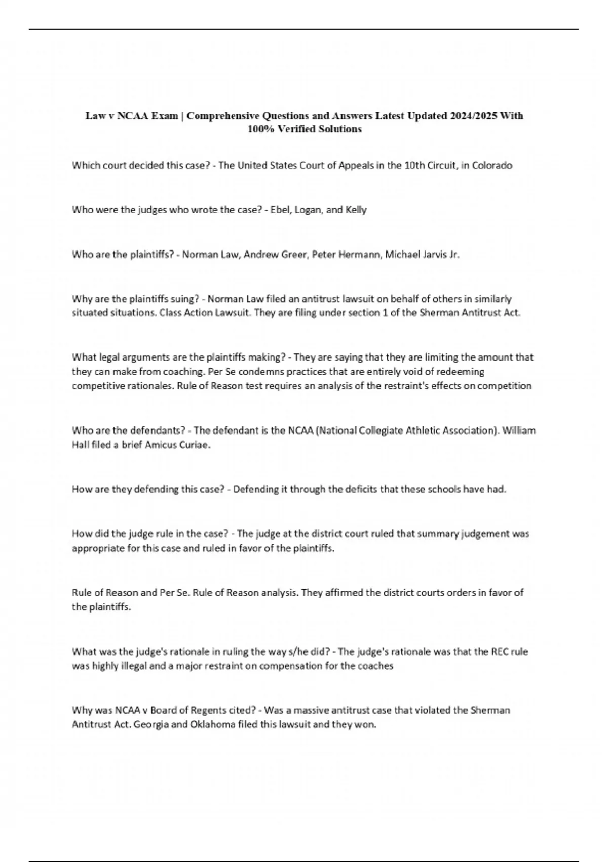 Law v NCAA Exam | Comprehensive Questions and Answers Latest Updated ...