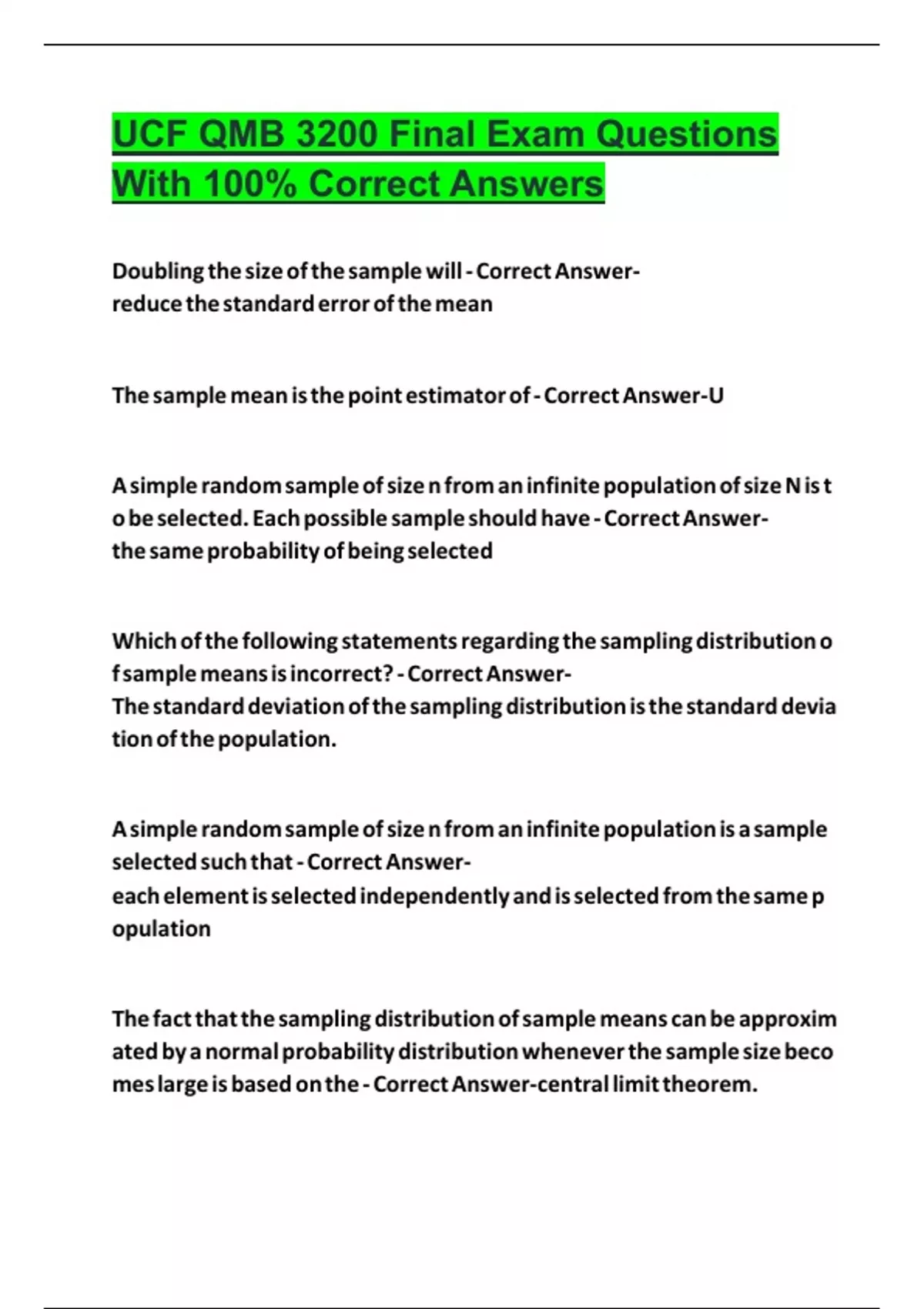 Package deal for UCF QMB 3200 FINAL Exam Questions with 100% Correct ...