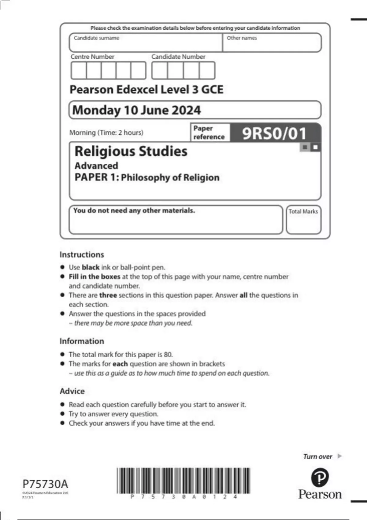 Pearson Edexcel Level 3 GCE Religious Studies Advanced PAPER 1 ...