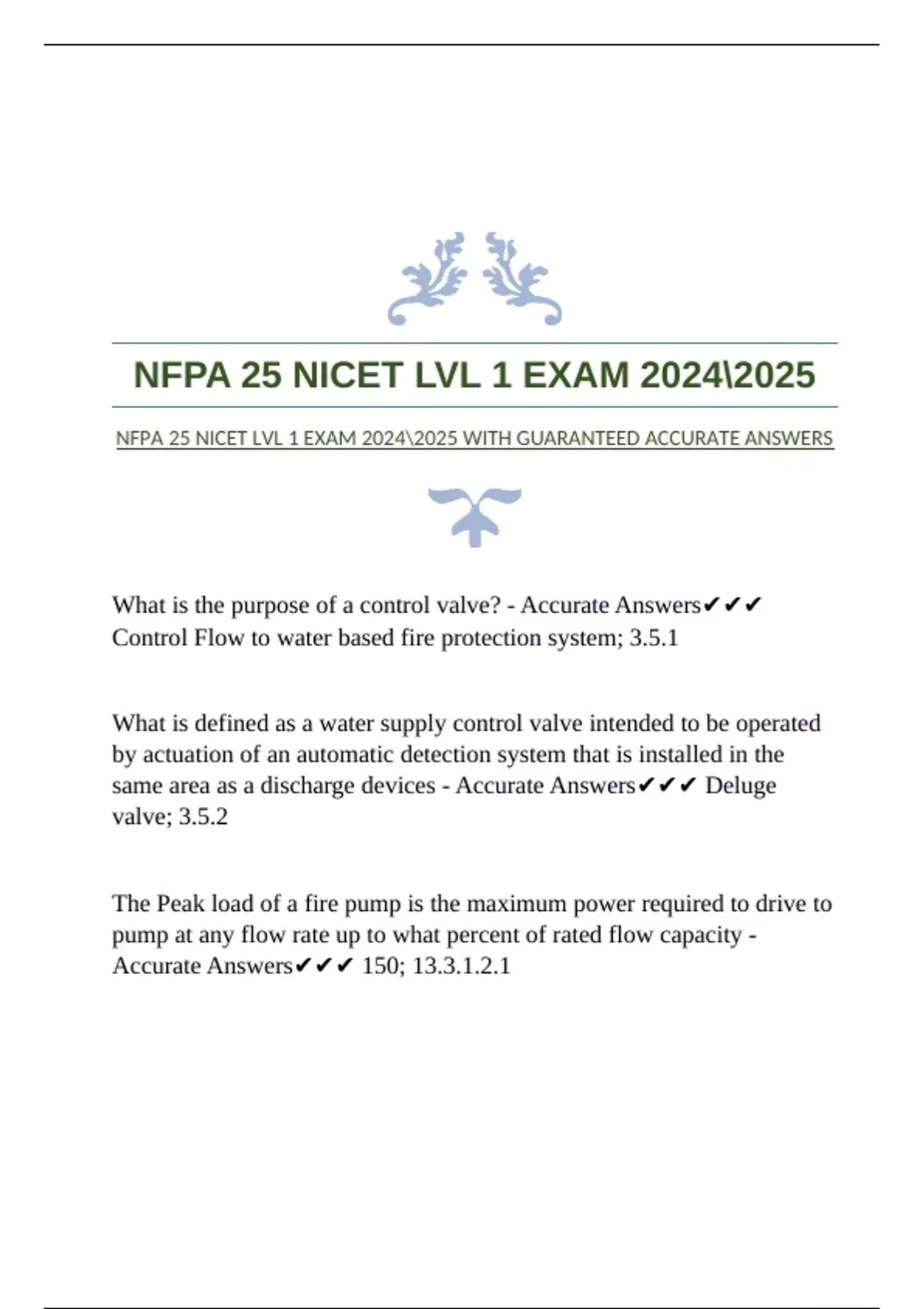 NFPA 25 NICET LVL 1 EXAM WITH GUARANTEED ACCURATE ANSWERS - NFPA 25 ...