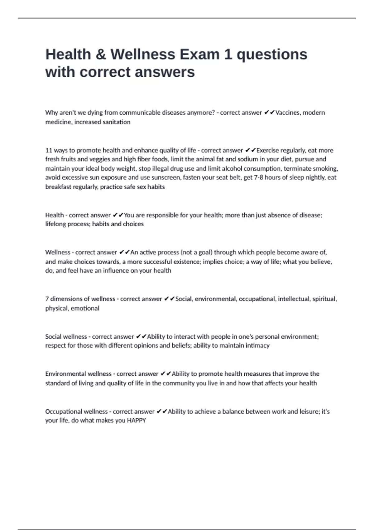 Health & Wellness Exam 1 questions with correct answers - Wellness ...