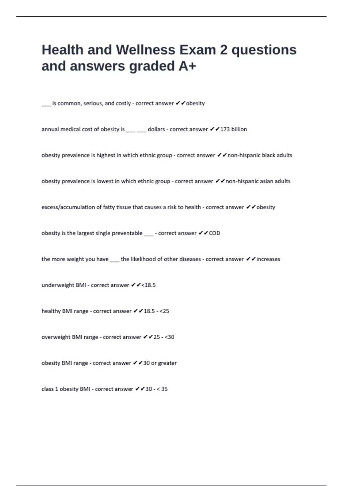Health and Wellness Exam 2 questions and answers graded A+ - Wellness ...