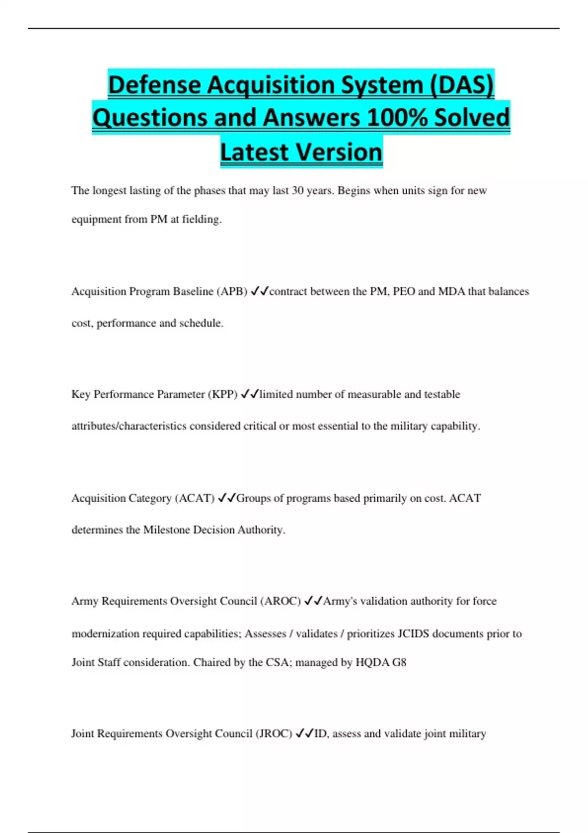 Defense Acquisition System (DAS) Questions and Answers 100% Solved ...