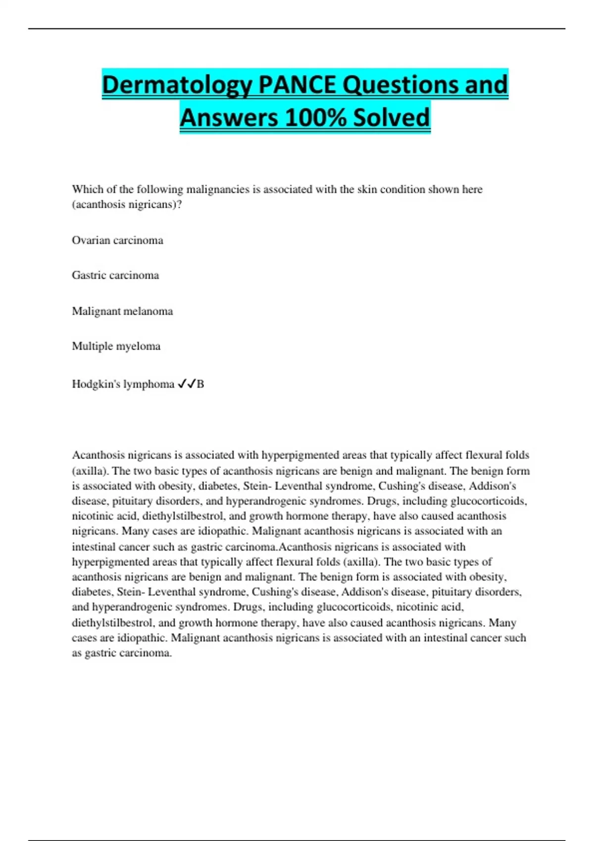 Dermatology PANCE Questions and Answers 100% Solved - Dermatology PANCE ...