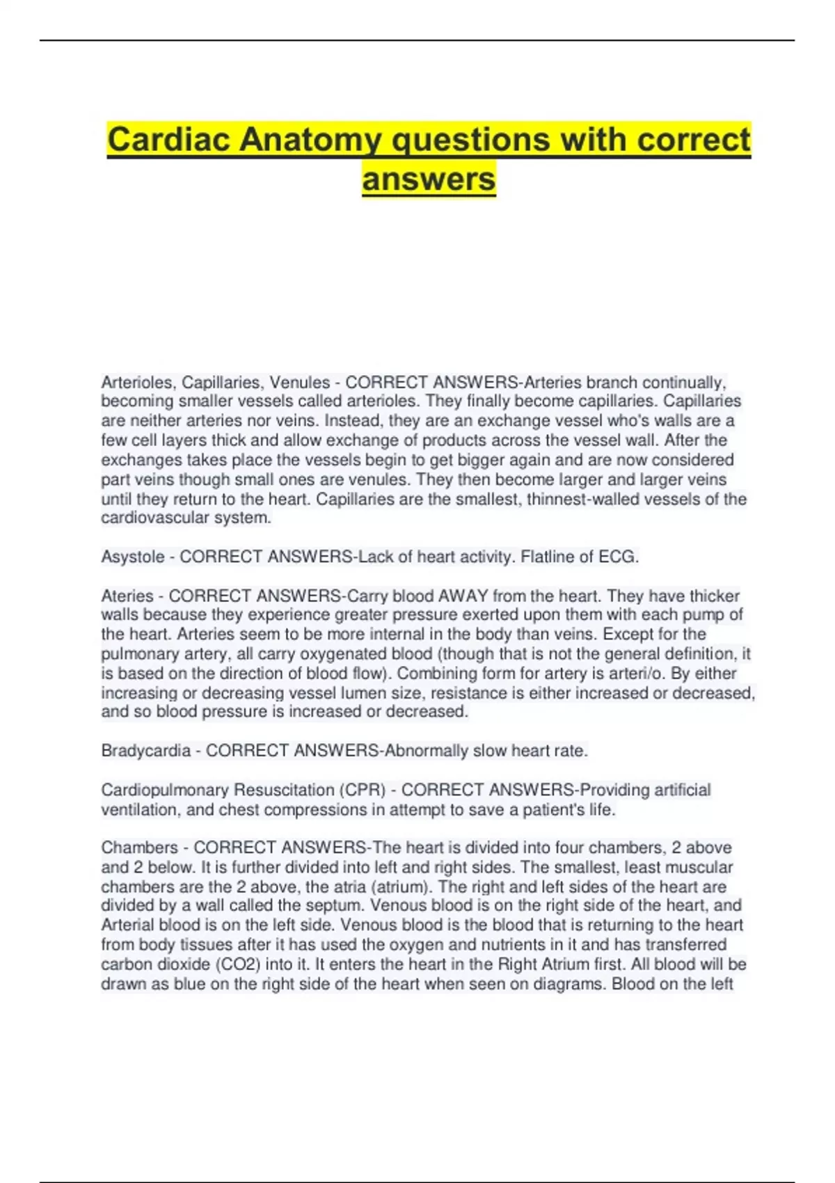 Cardiac Anatomy questions with correct answers - Nurs 3036 - Stuvia US