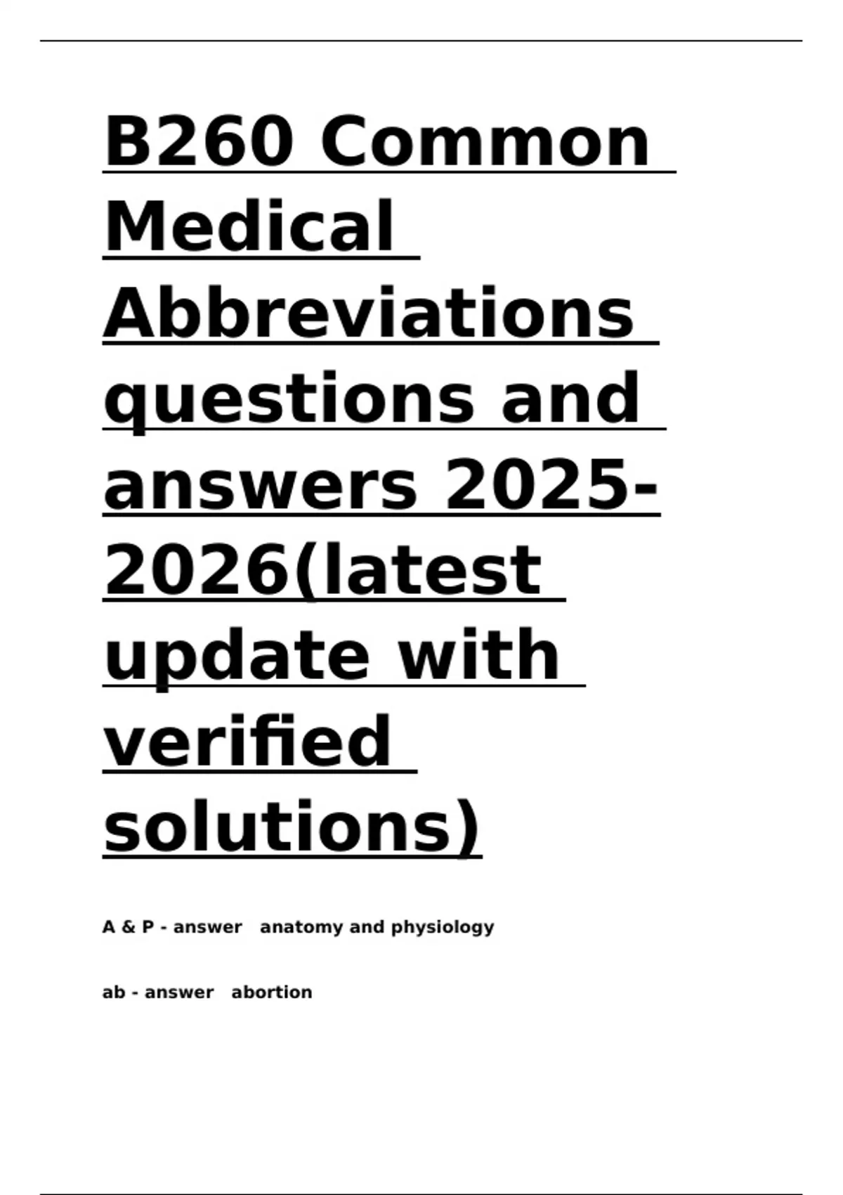 B260 Common Medical Abbreviations questions and answers (latest update ...