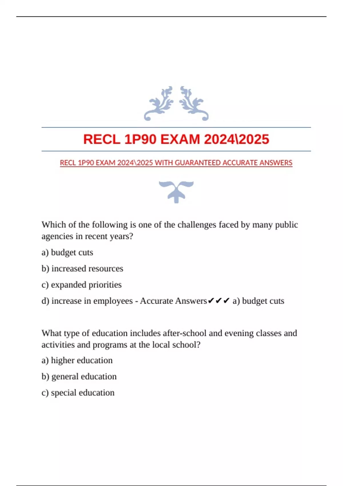 RECL 1P90 EXAM WITH GUARANTEED ACCURATE ANSWERS - RECL 1P90 - Stuvia US