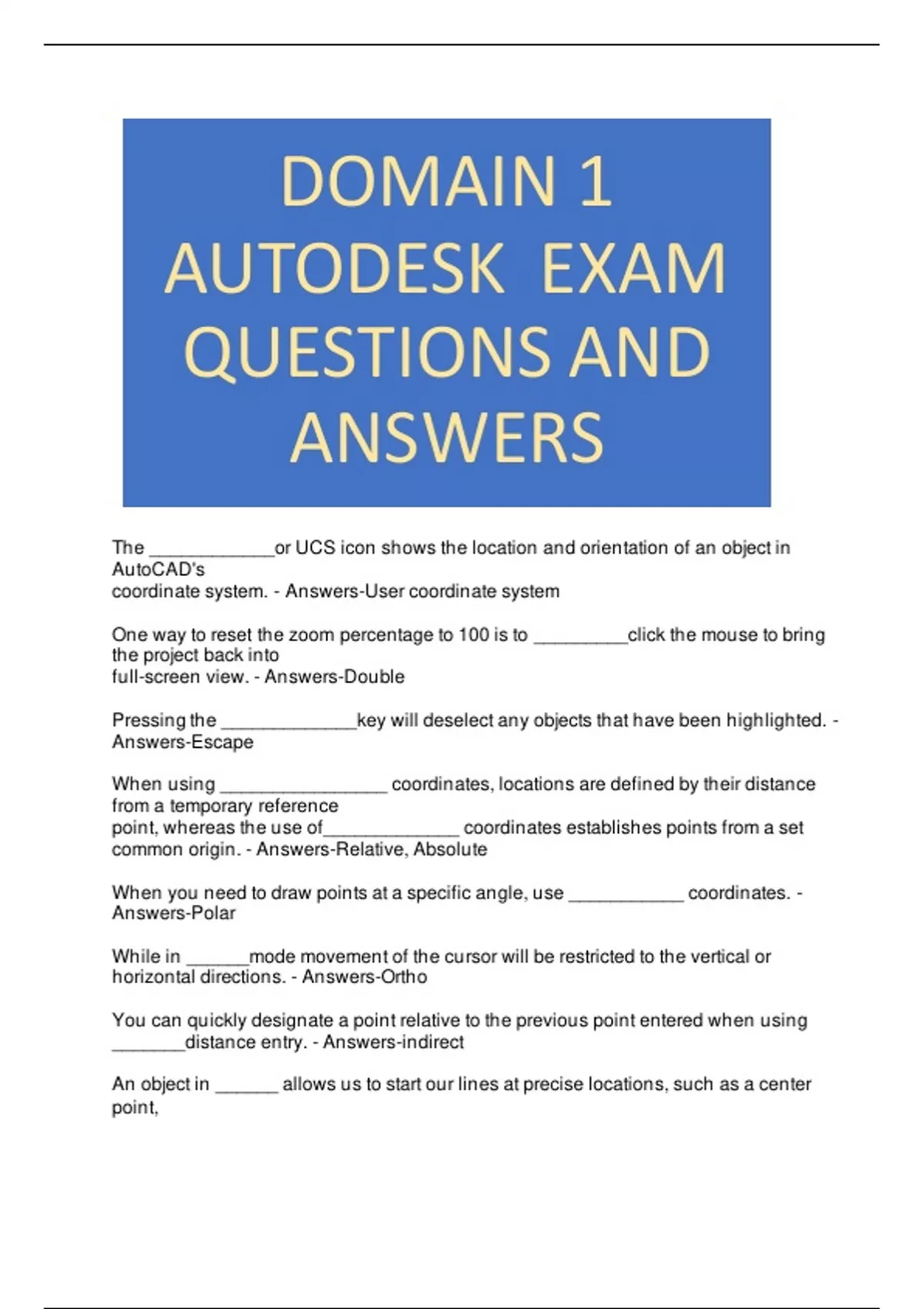 DOMAIN 1 AUTODESK EXAM QUESTIONS AND ANSWERS - AUTODESK - Stuvia US