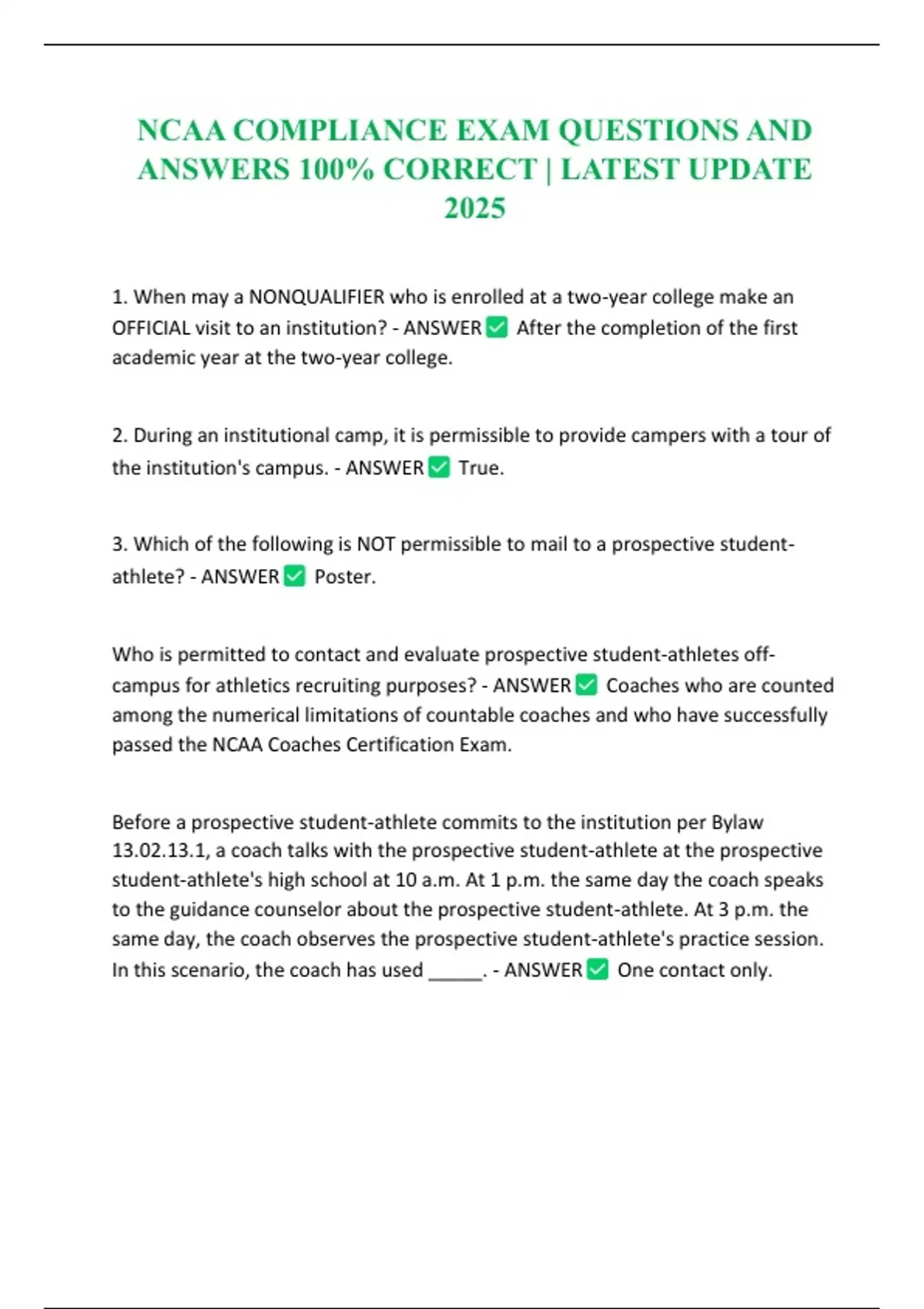 NCAA COMPLIANCE EXAM QUESTIONS AND ANSWERS 100% CORRECT | LATEST UPDATE ...