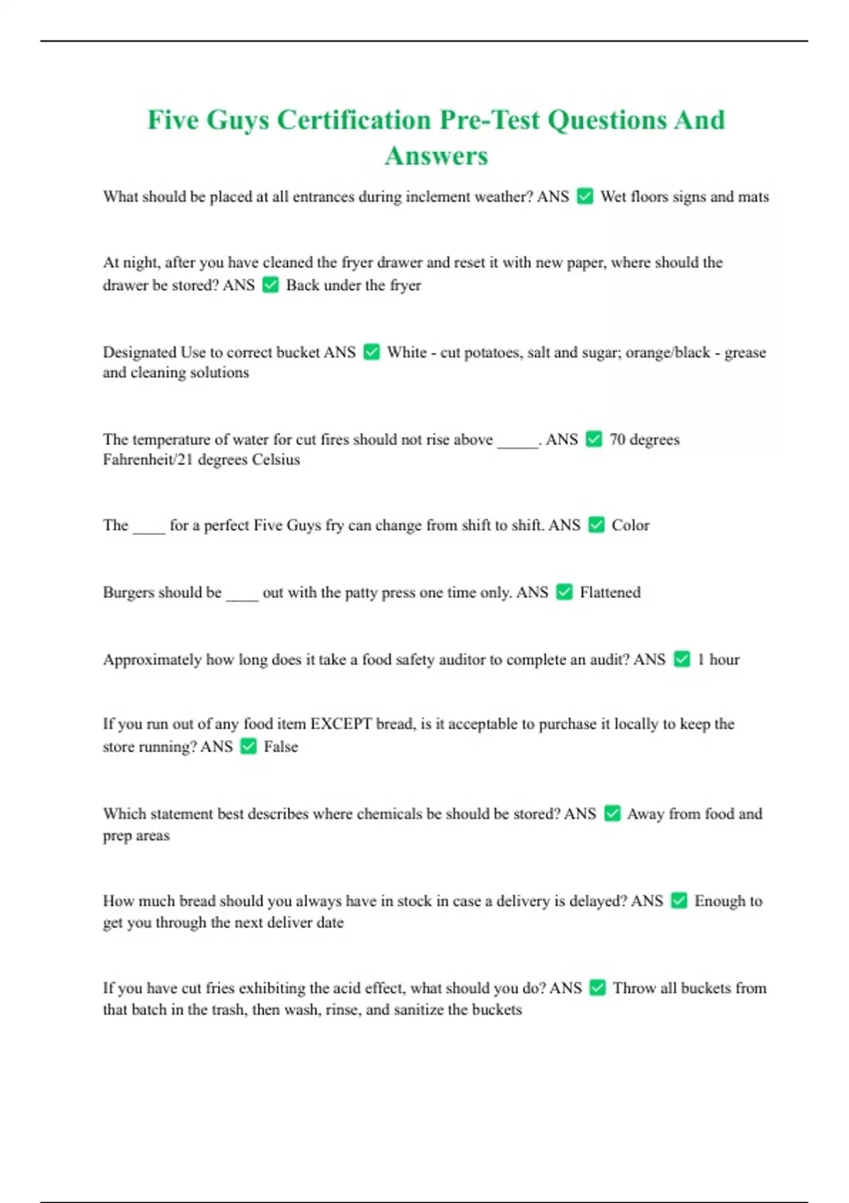 Five Guys Certification Pre-Test Questions And Answers - Five Guys ...