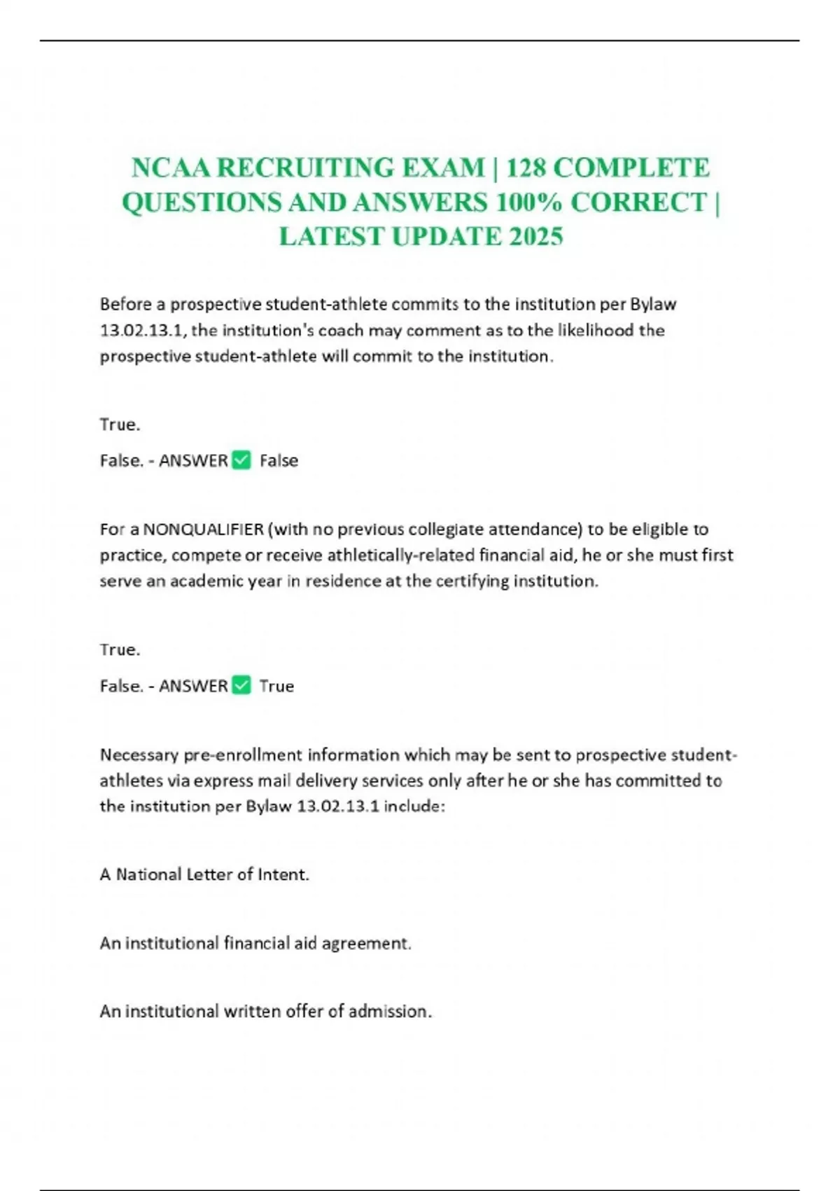 NCAA RECRUITING EXAM | 128 COMPLETE QUESTIONS AND ANSWERS 100% CORRECT ...