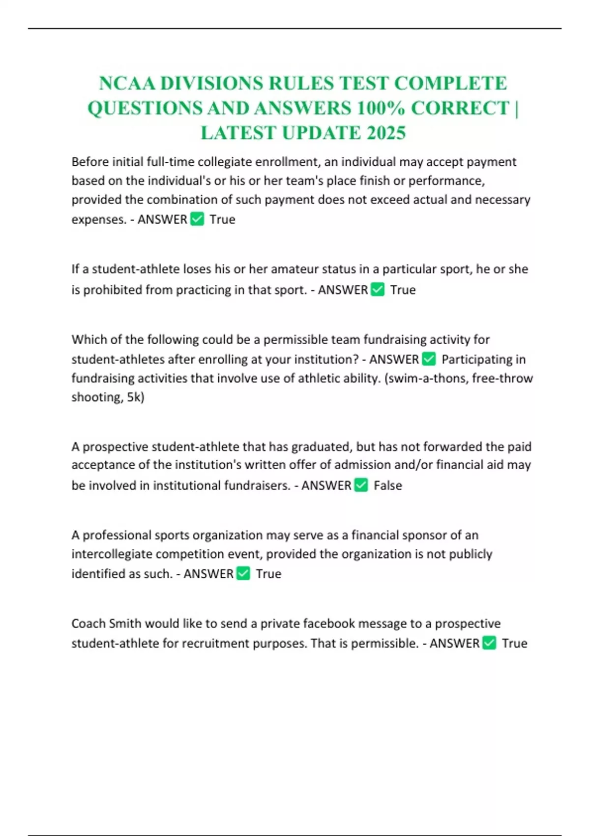 NCAA DIVISIONS RULES TEST COMPLETE QUESTIONS AND ANSWERS 100% CORRECT ...