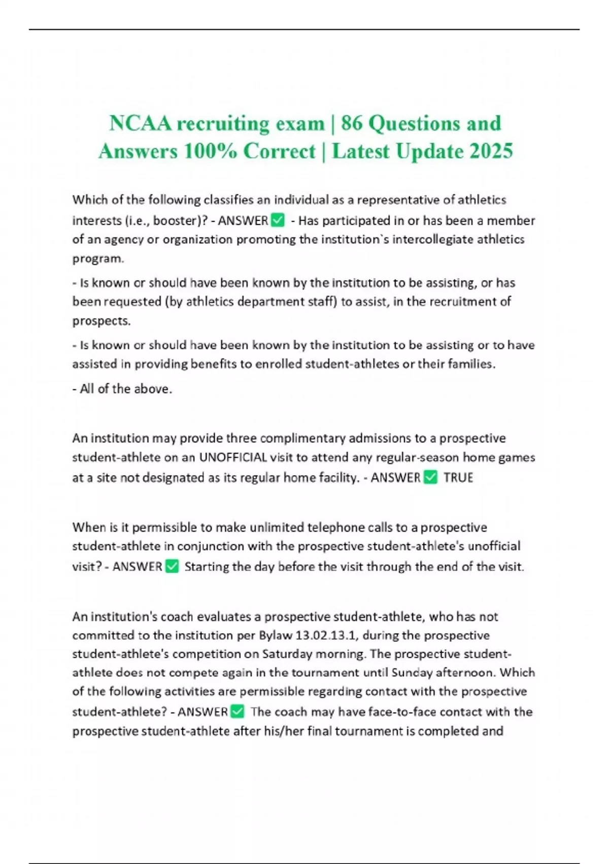 NCAA recruiting exam | 86 Questions and Answers 100% Correct | Latest ...
