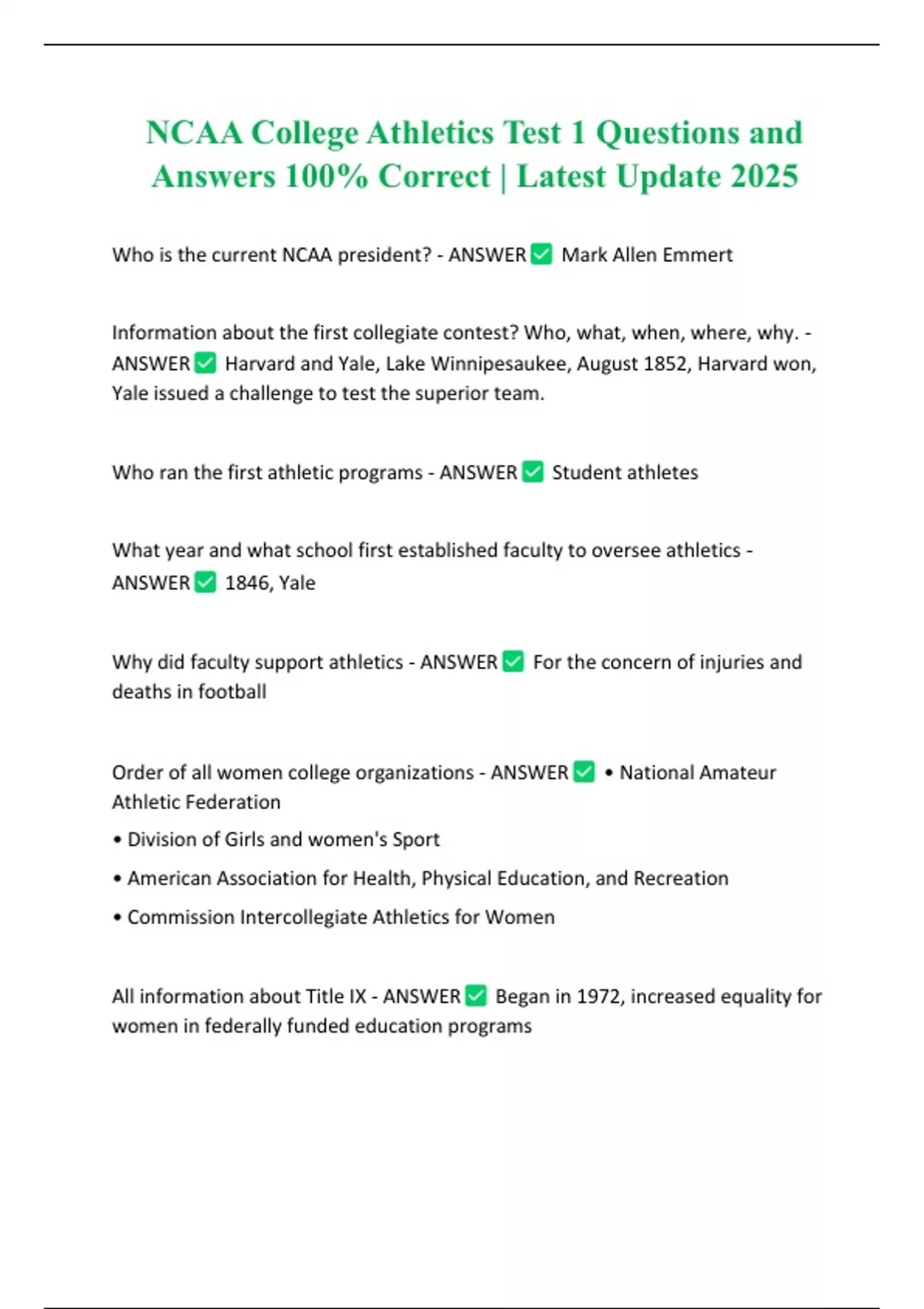NCAA College Athletics Test 1 Questions and Answers 100% Correct ...