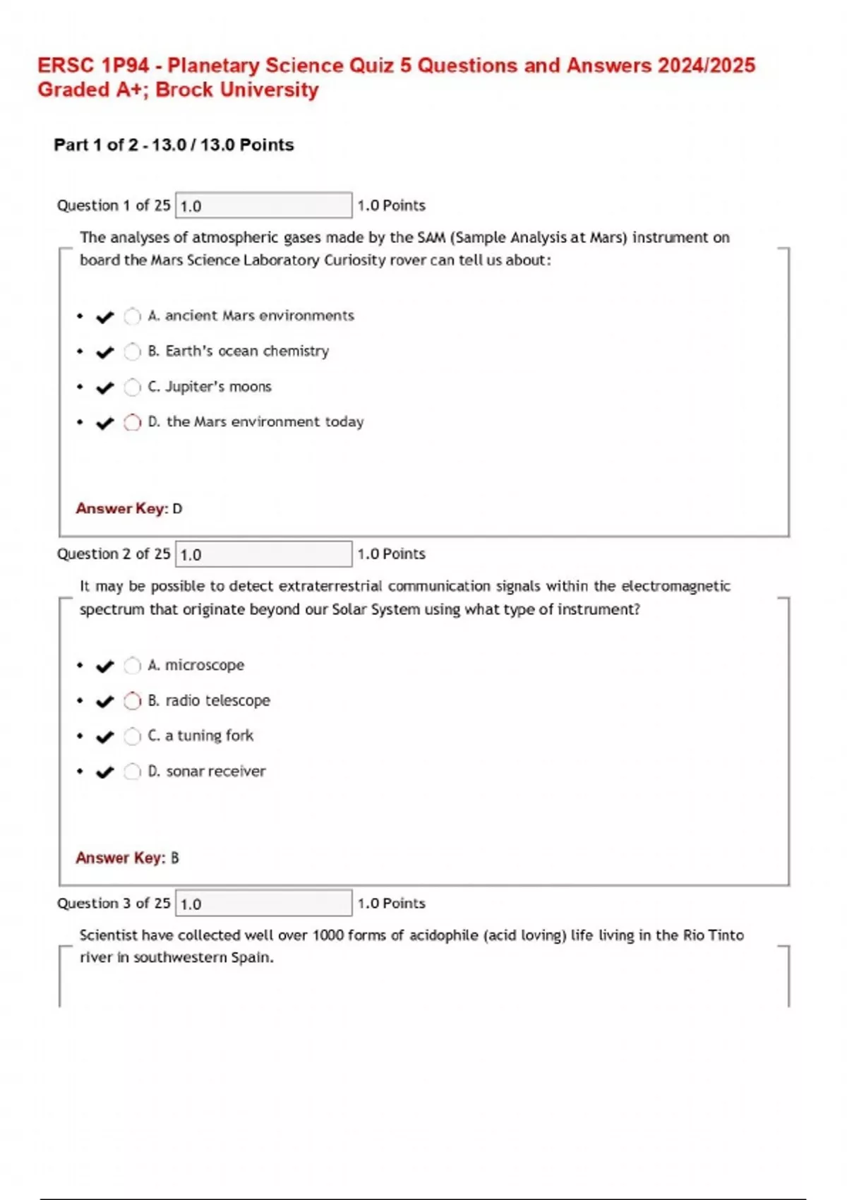 ERSC 1P94 - Planetary Science Quiz 5 Questions and Answers 2024/2025 ...