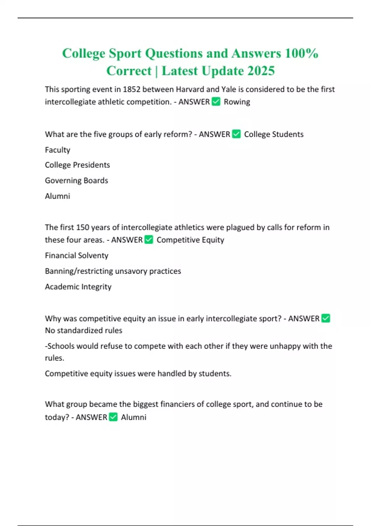 College Sport Questions and Answers 100% Correct | Latest Update 2025 ...