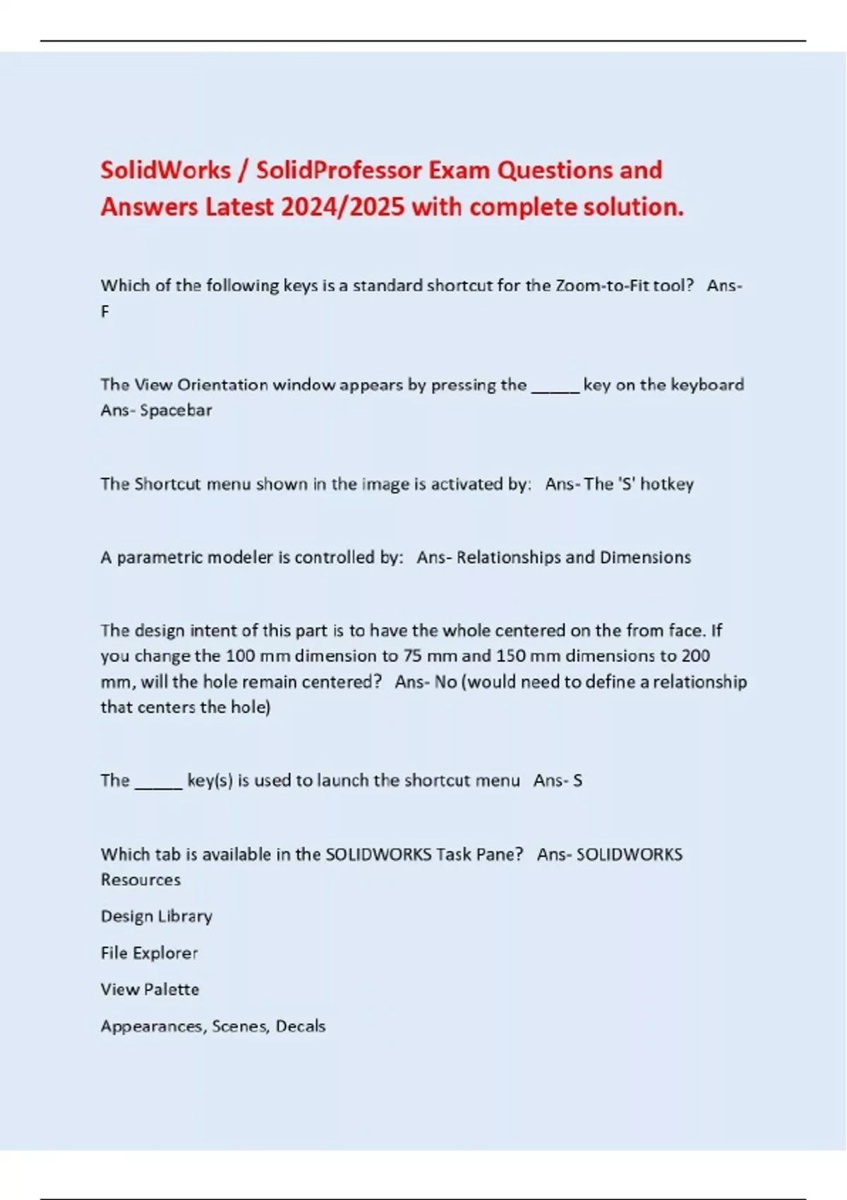SolidWorks / SolidProfessor Exam Questions and Answers Latest 2024/2025 ...