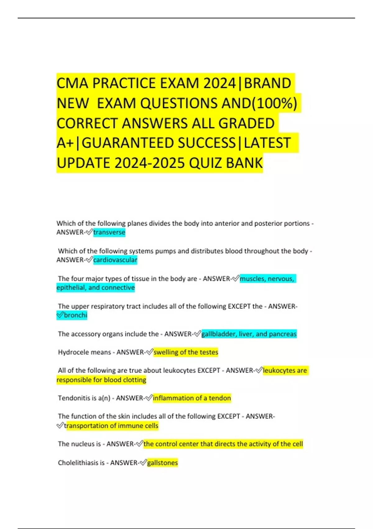 CMA PRACTICE EXAM 2024|BRAND NEW EXAM QUESTIONS AND(100%) CORRECT ...