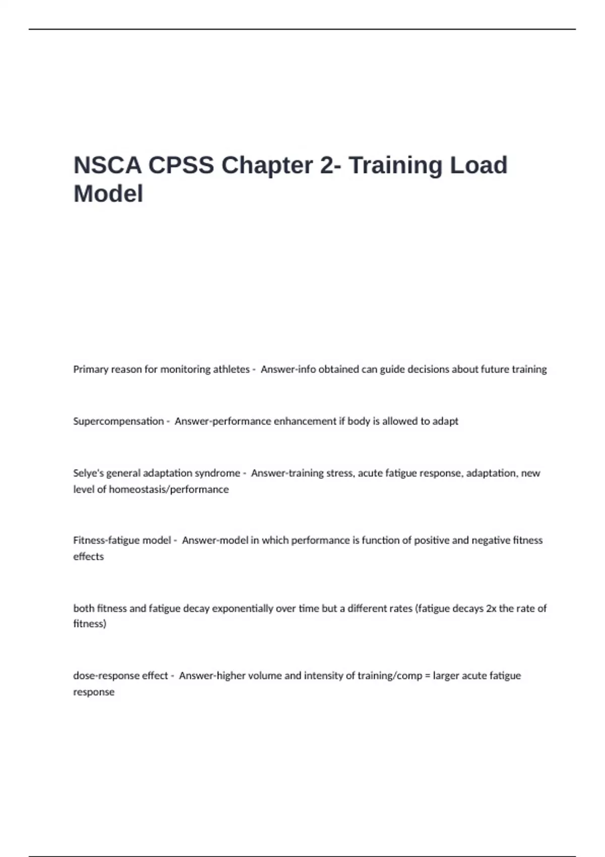 NSCA CPSS Chapter 2 Exam Questions and Answers- Training Load Model - CPSS - Stuvia US