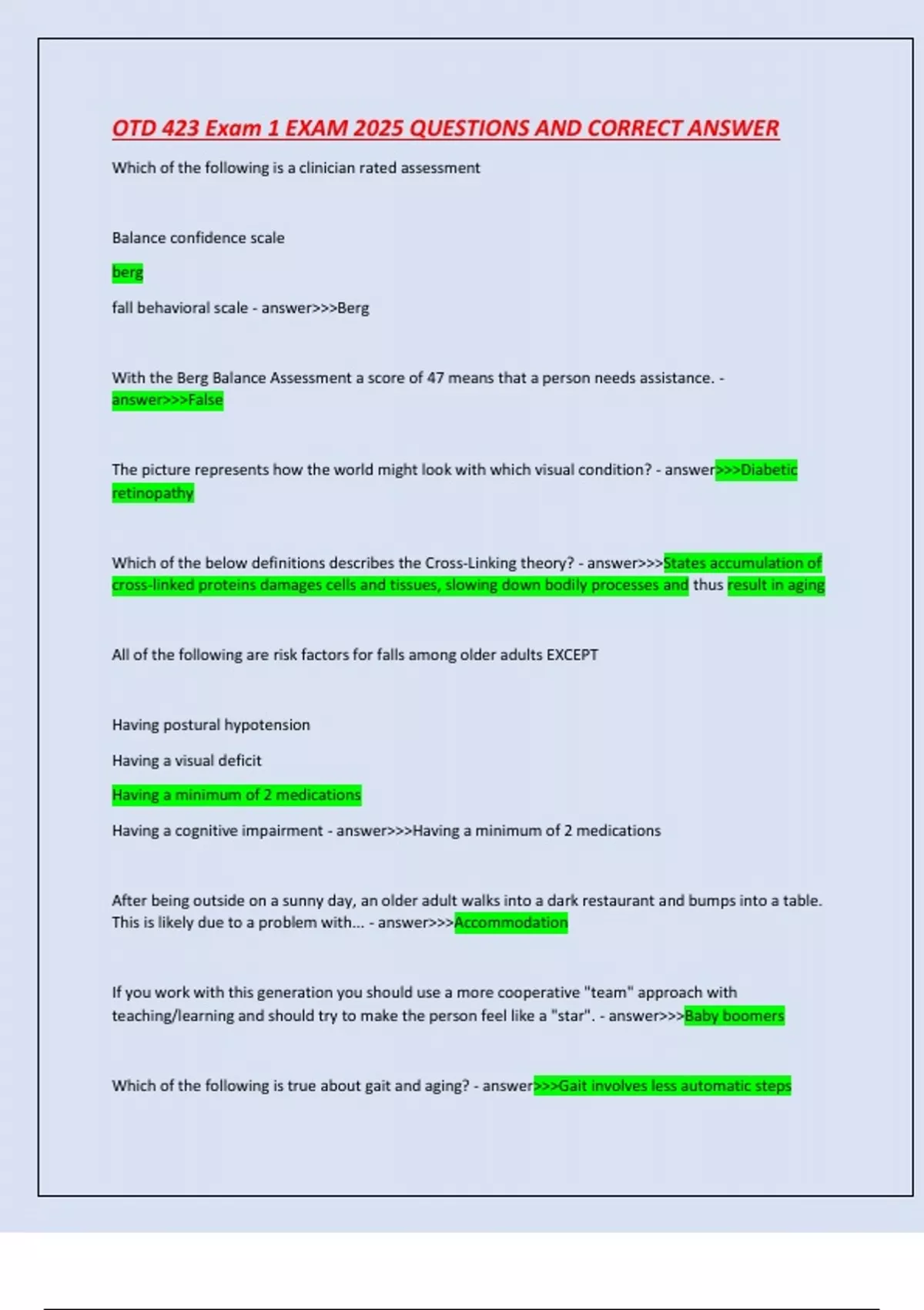 OTD 423 Exam 1 EXAM 2025 QUESTIONS AND CORRECT ANSWER - OTD 423 Exa ...