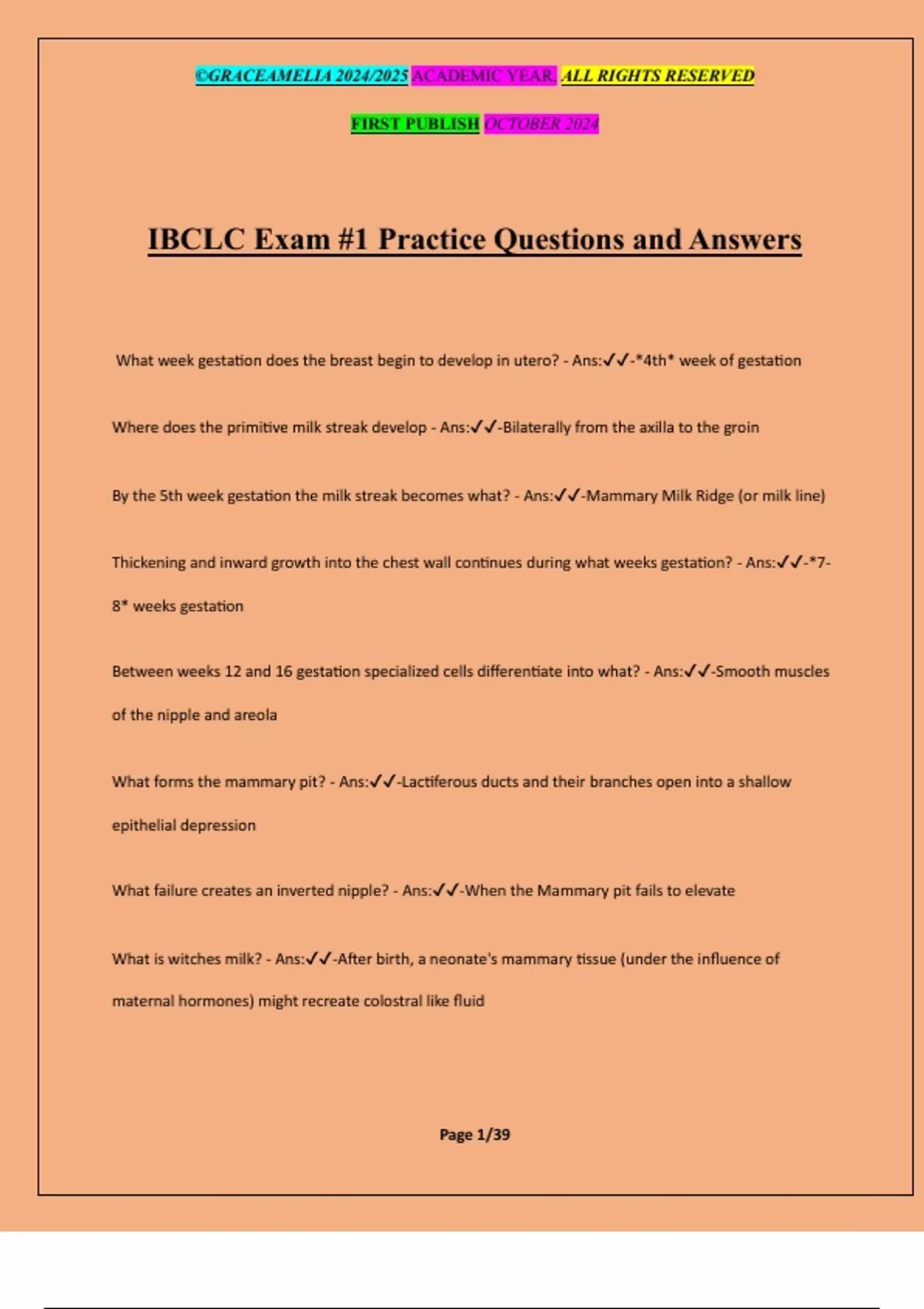 IBCLC Exam #1 Practice Questions and Answers - IBCLC - Stuvia US