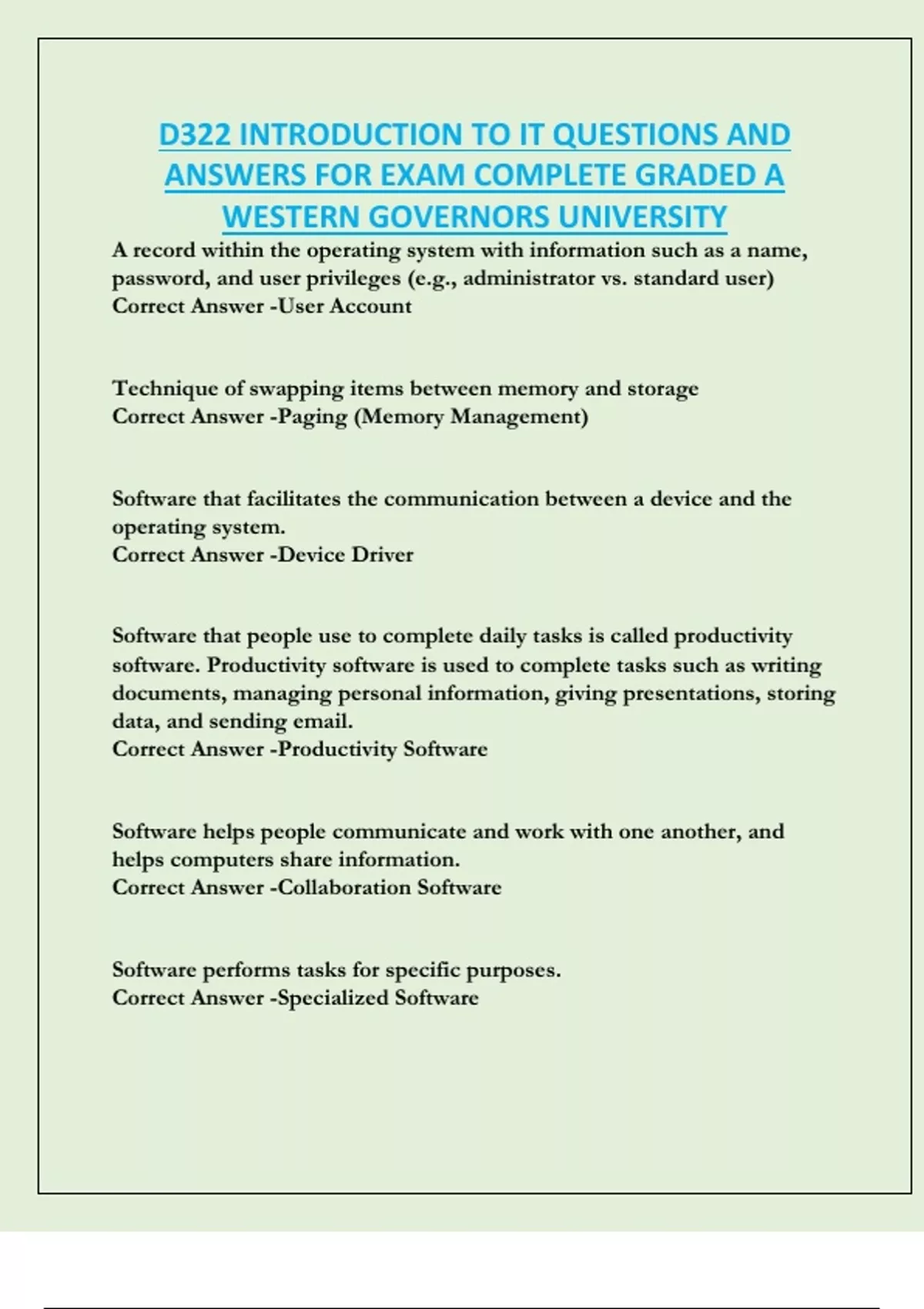 D322 INTRODUCTION TO IT QUESTIONS AND ANSWERS FOR EXAM COMPLETE GRADED ...
