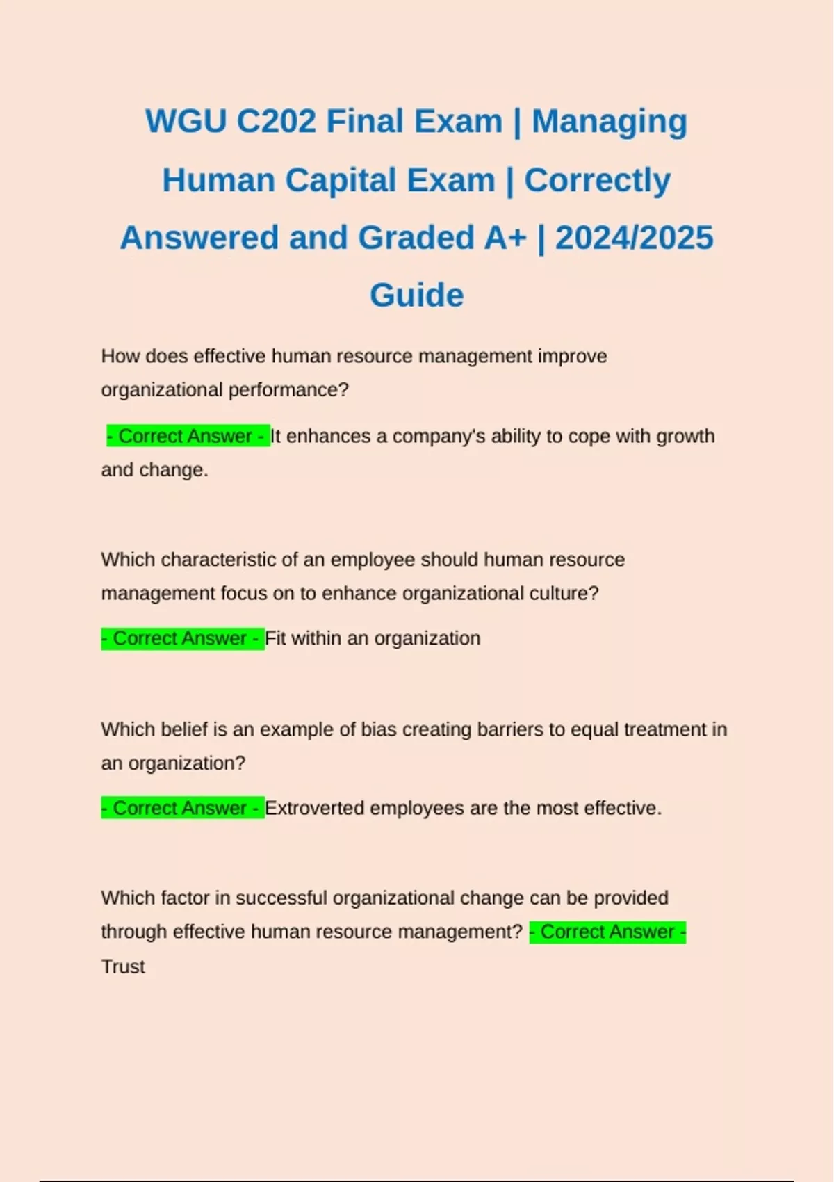 WGU C202 Final Exam | Managing Human Capital Exam | Correctly Answered and Graded A+ | 2024/2025 ...