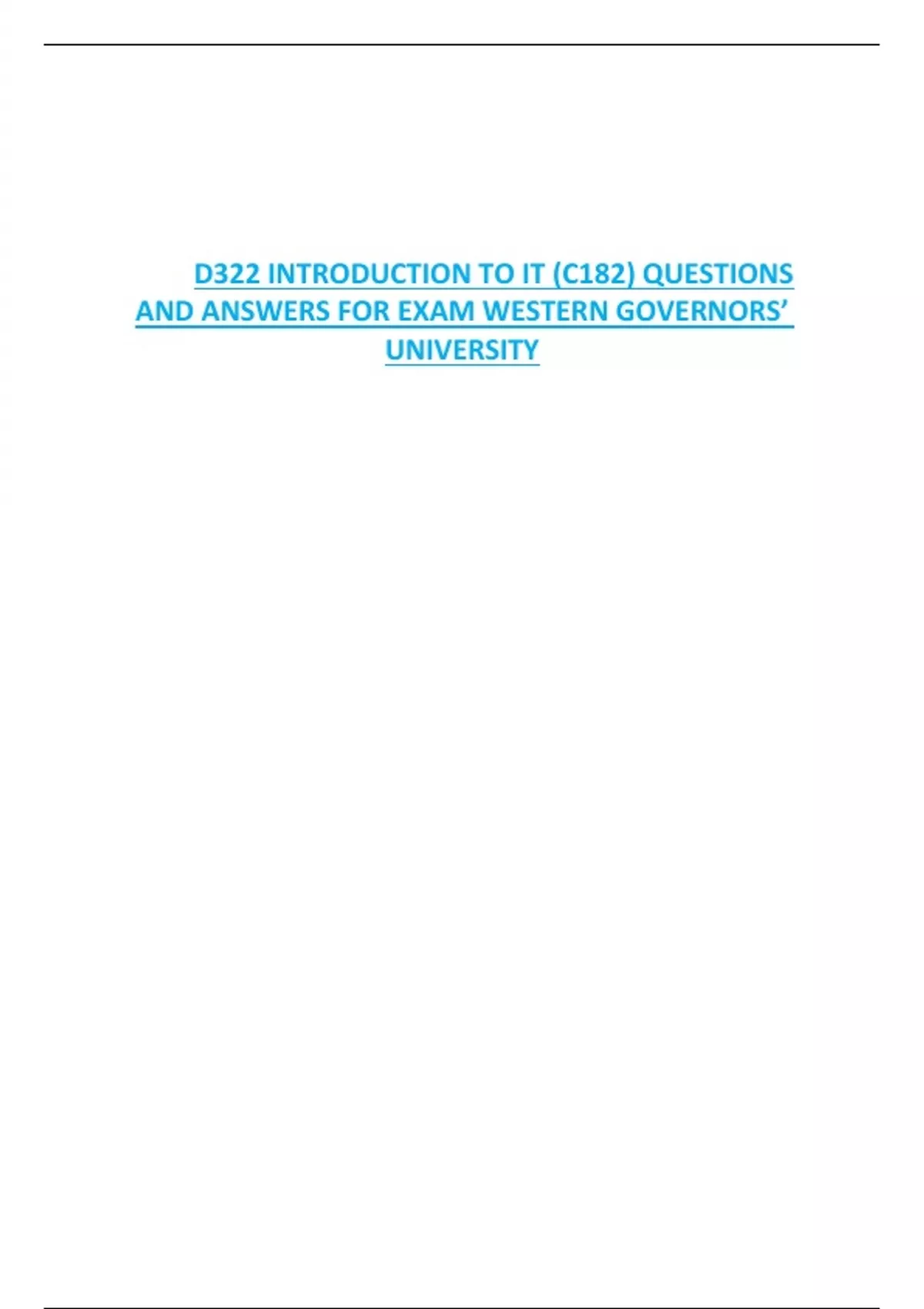 D322 INTRODUCTION TO IT (C182) QUESTIONS AND ANSWERS FOR EXAM WESTERN ...