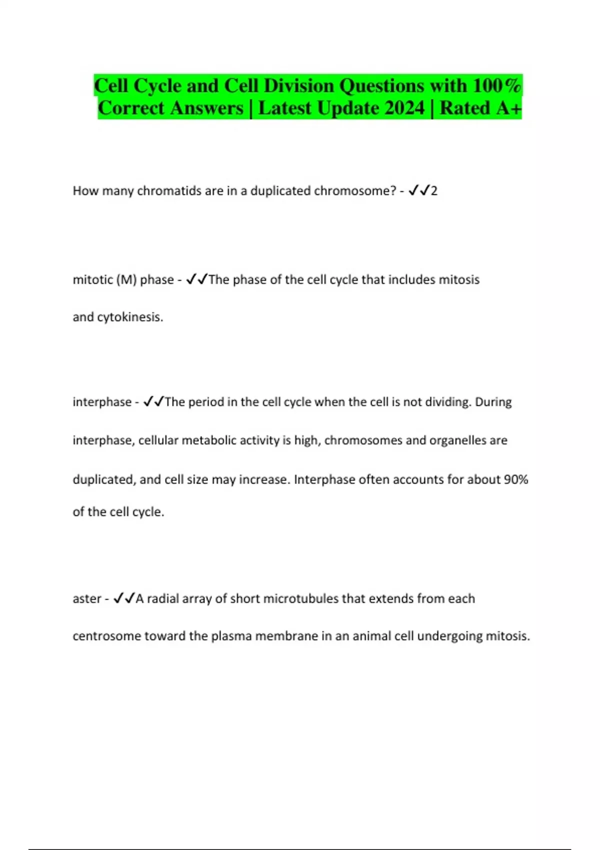 Cell Cycle and Cell Division Questions with 100% Correct Answers ...