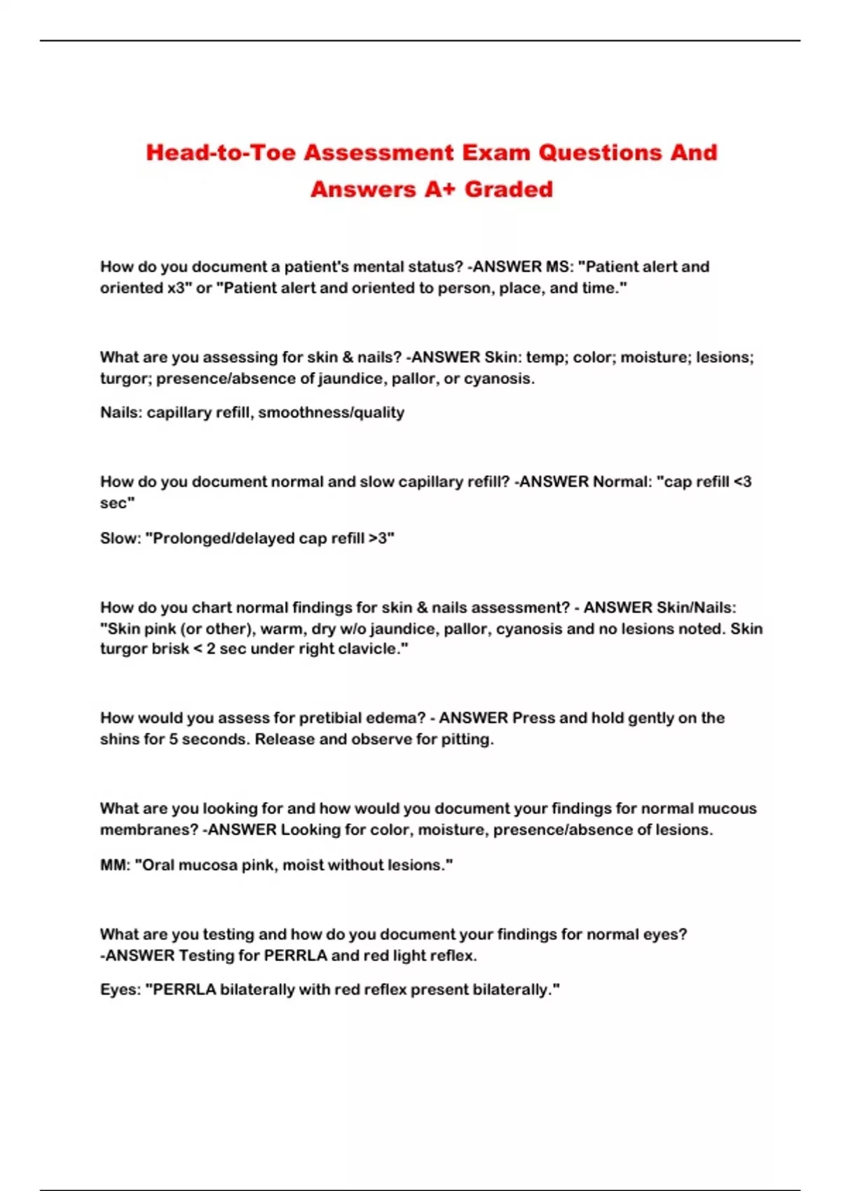 Head-to-Toe Assessment Exam Questions And Answers A+ Graded - Head-to ...