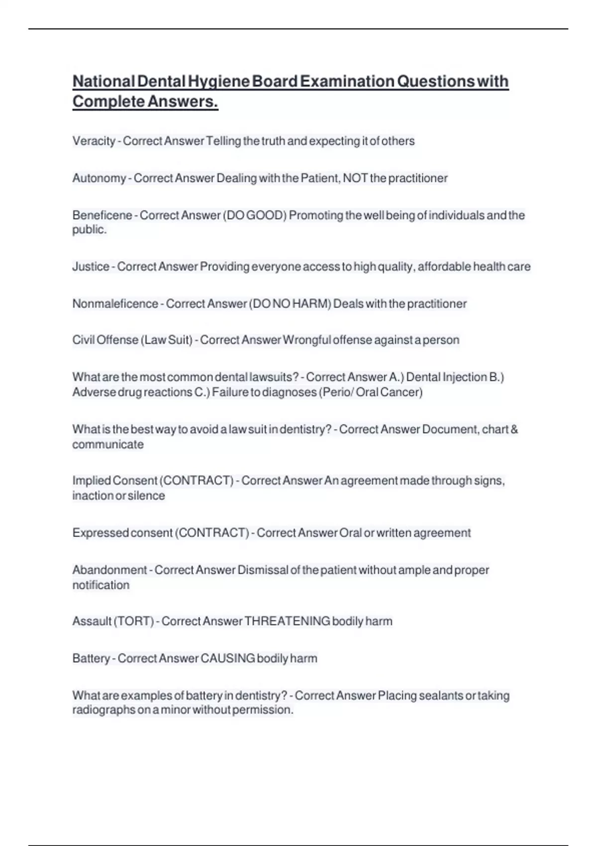 National Dental Hygiene Board Examination Questions with Complete ...