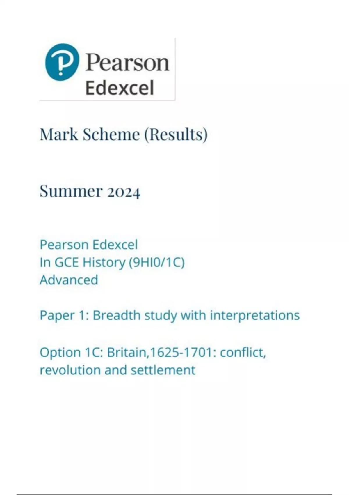 Pearson Edexcel In GCE History (9HI0/1C) Advanced Paper 1: Breadth ...