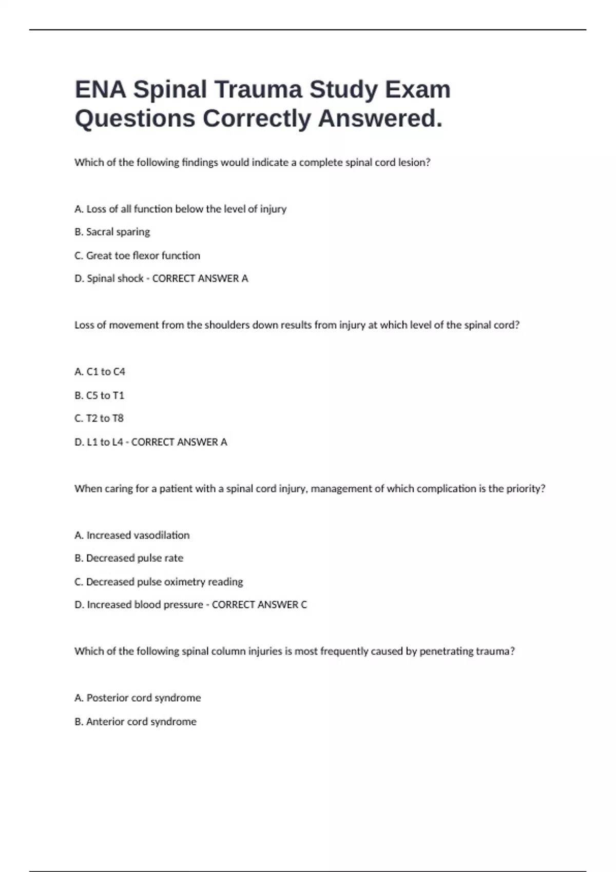 ENA Spinal Trauma Study Exam Questions Correctly Answered. - Ena - Stuvia US