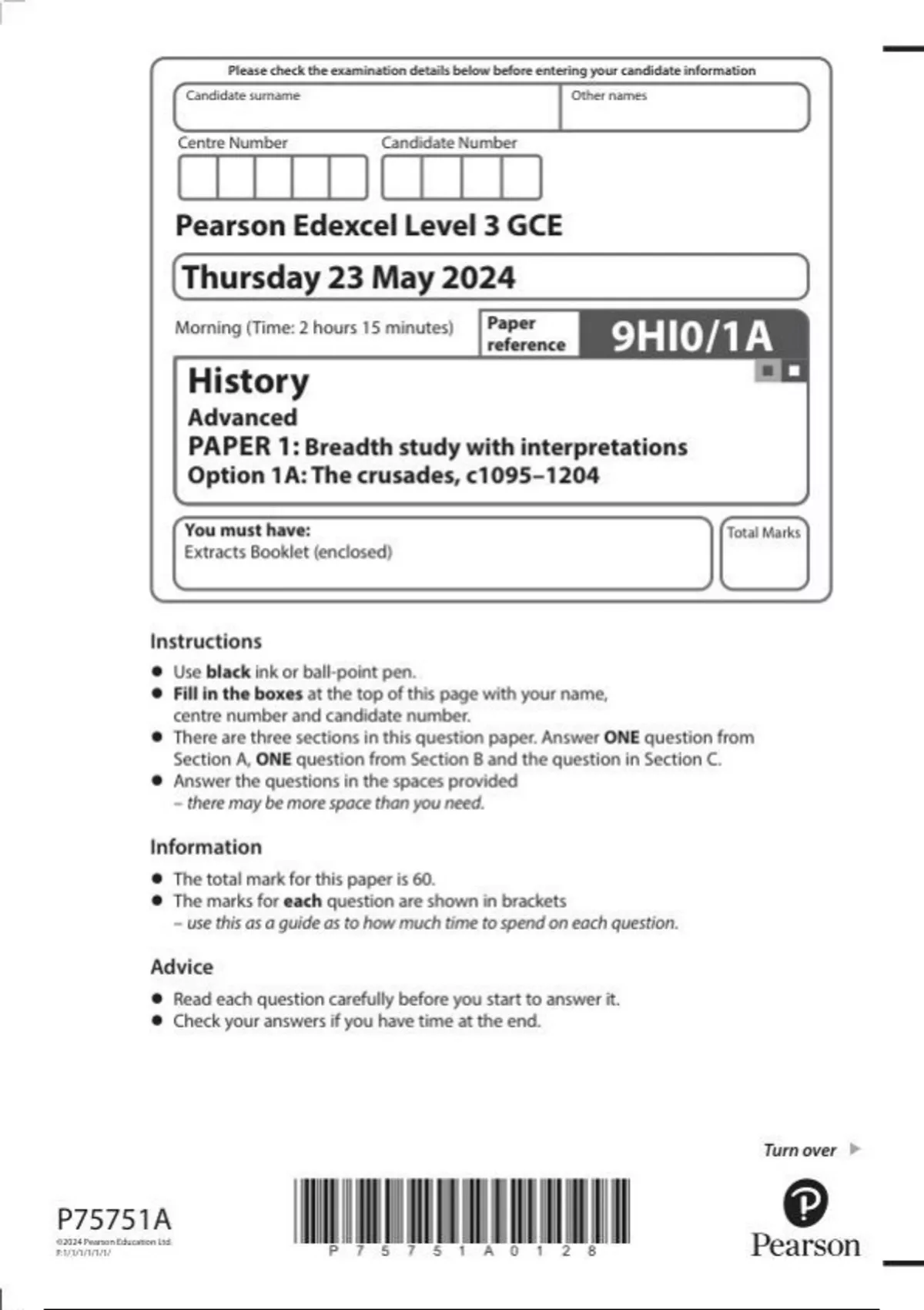 Pearson Edexcel Level 3 GCE History Advanced PAPER 1: Breadth study ...