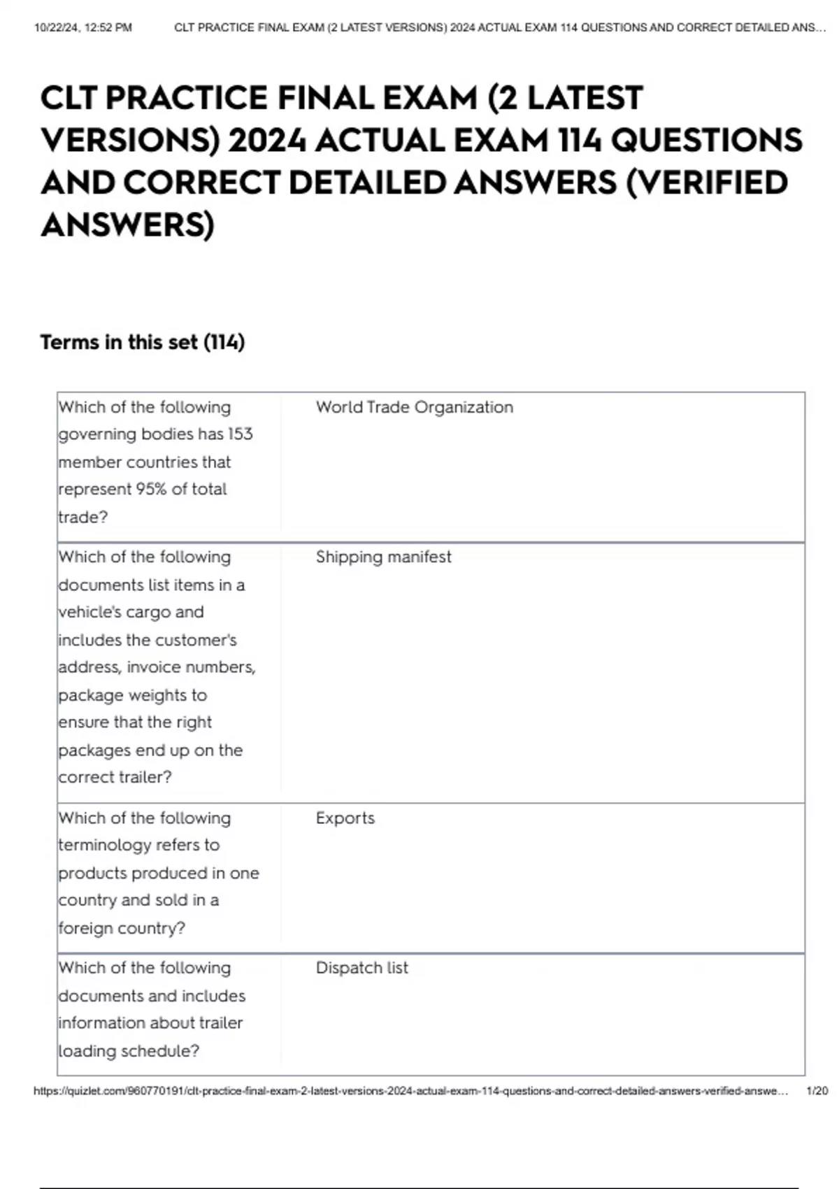 CLT PRACTICE FINAL EXAM (2 LATEST VERSIONS) 2024 ACTUAL EXAM 114 ...