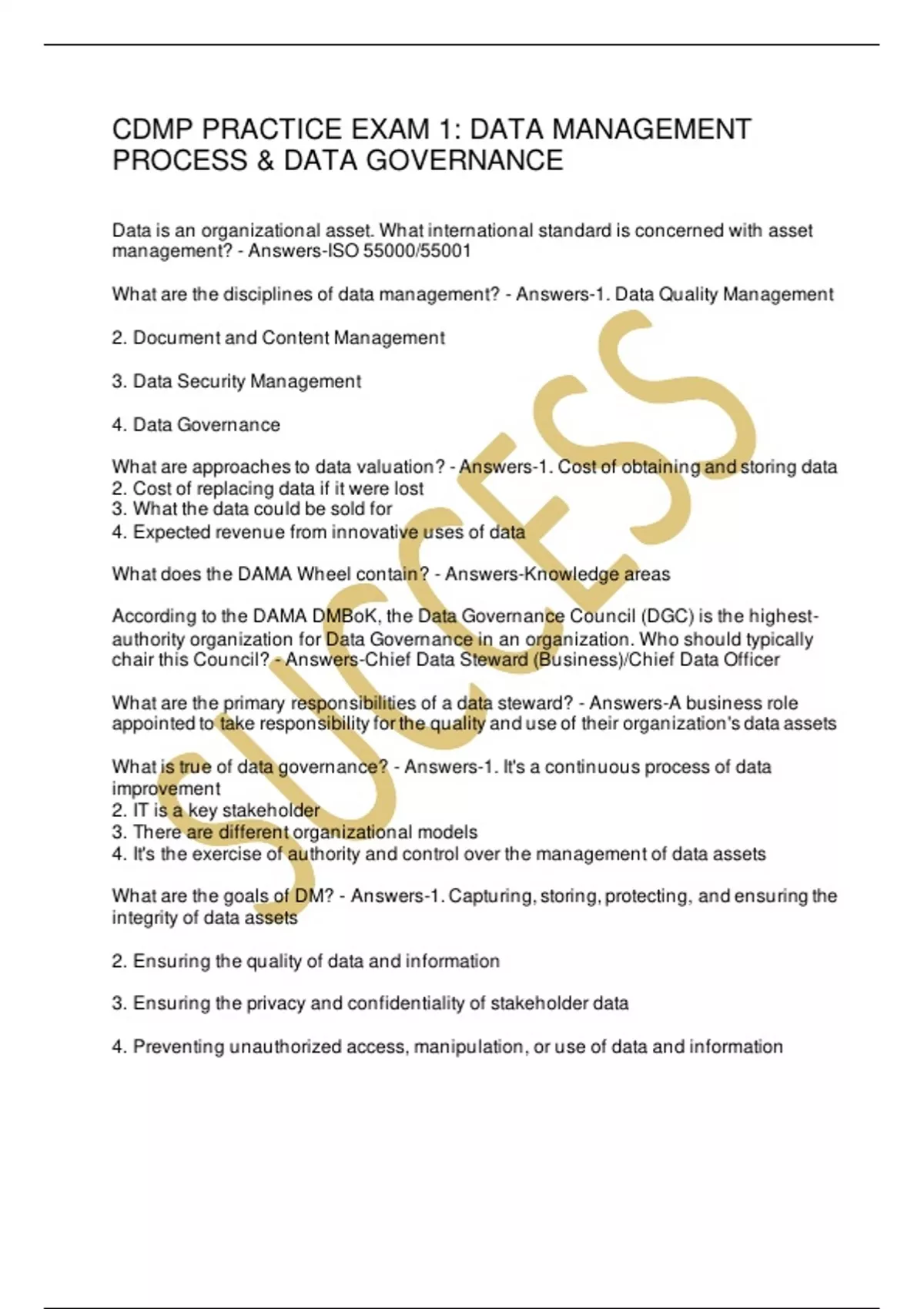 CDMP PRACTICE EXAM 1: DATA MANAGEMENT PROCESS & DATA GOVERNANCE - CDMP - Stuvia US