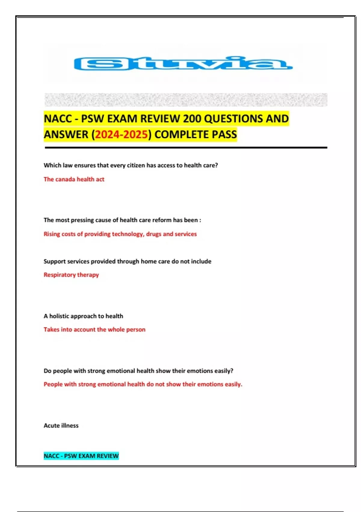 NACC - PSW EXAM REVIEW 200 QUESTIONS AND ANSWER () COMPLETE PASS - NACC ...
