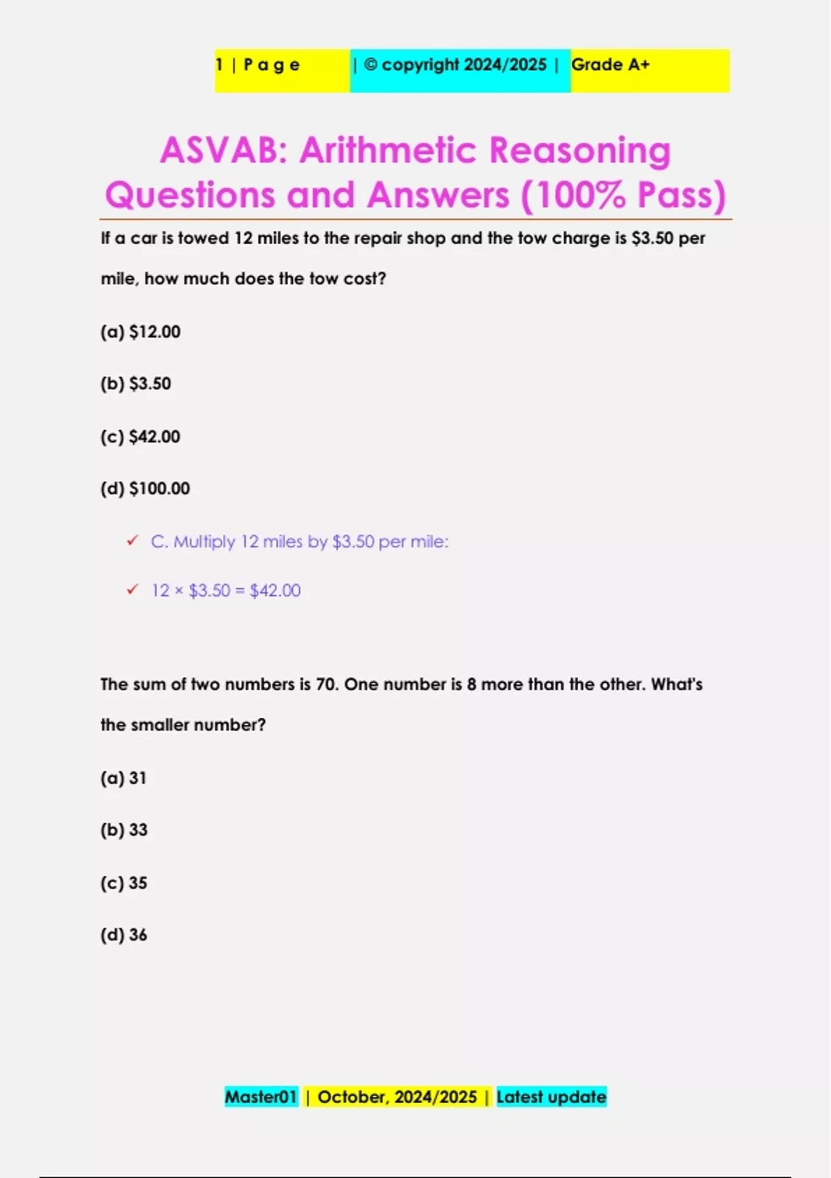 ASVAB: Arithmetic Reasoning Questions and Answers (100% Pass) - ASVAB ...