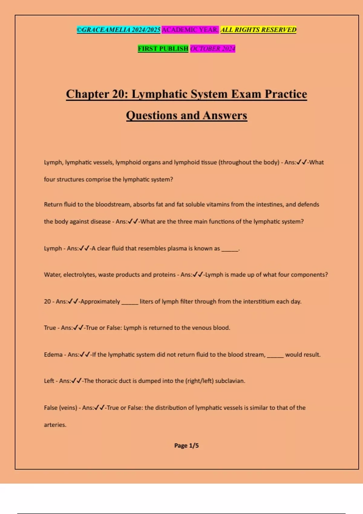Chapter 20: Lymphatic System Exam Practice Questions and Answers ...