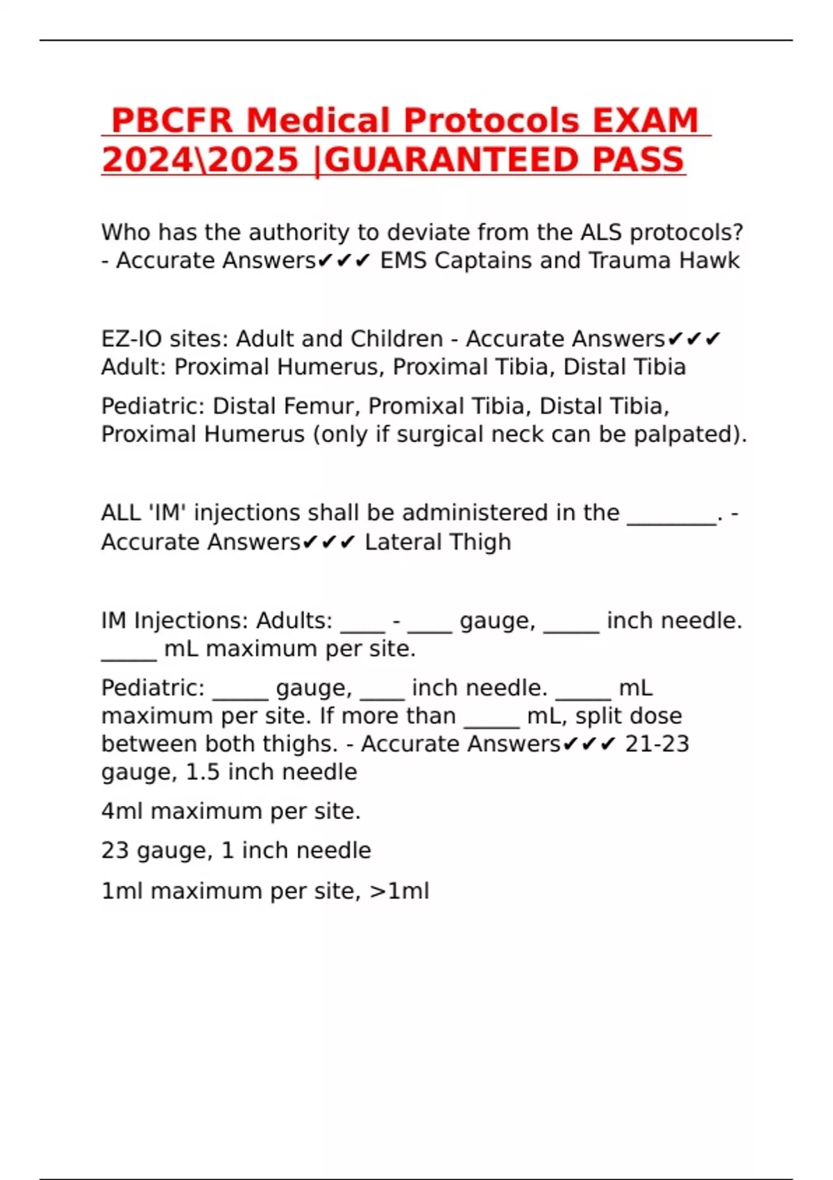 PBCFR Medical Protocols EXAM |GUARANTEED PASS - PBCFR Medical Protocols - Stuvia US