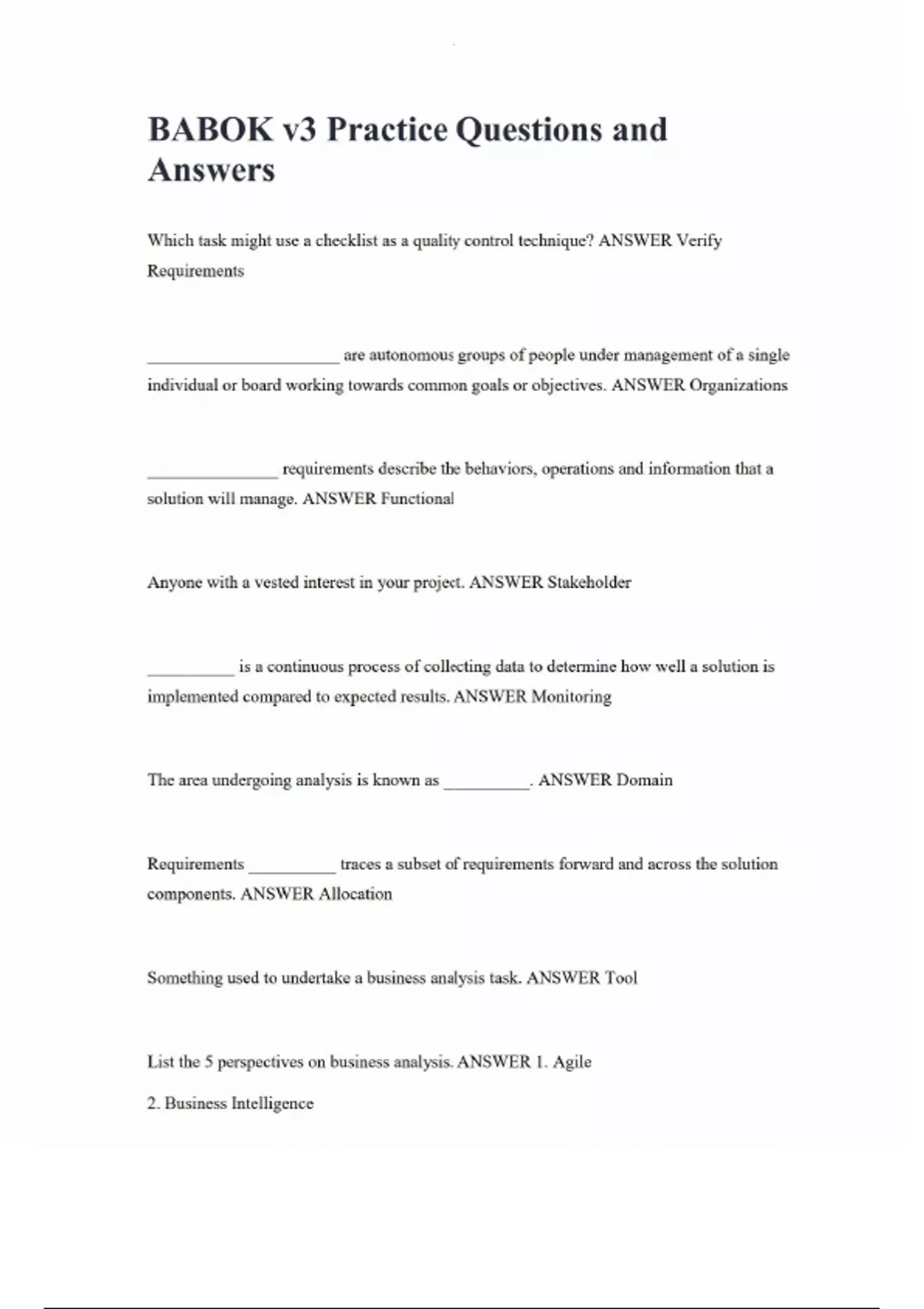 BABOK v3 Practice Questions and Answers - BABOK - Stuvia US