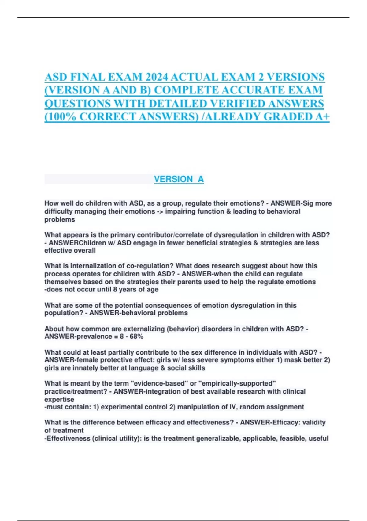 ASD FINAL EXAM 2024 ACTUAL EXAM 2 VERSIONS (VERSION A AND B) COMPLETE ...