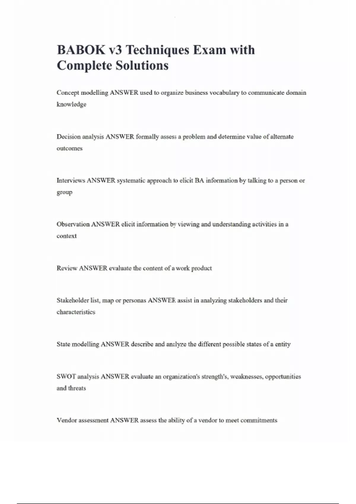BABOK v3 Techniques Exam with Complete Solutions - BABOK - Stuvia UK