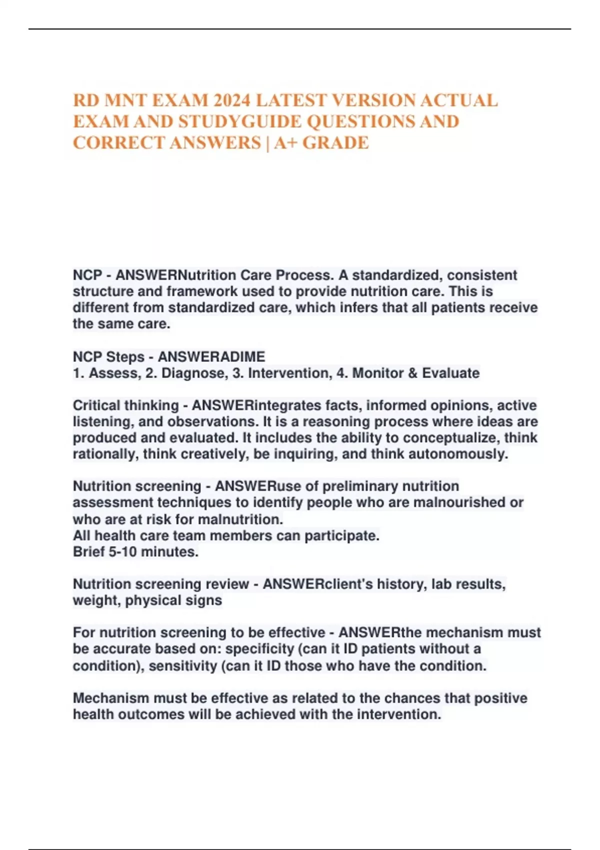 RD MNT EXAM 2024 LATEST VERSION ACTUAL EXAM AND STUDYGUIDE QUESTIONS ...