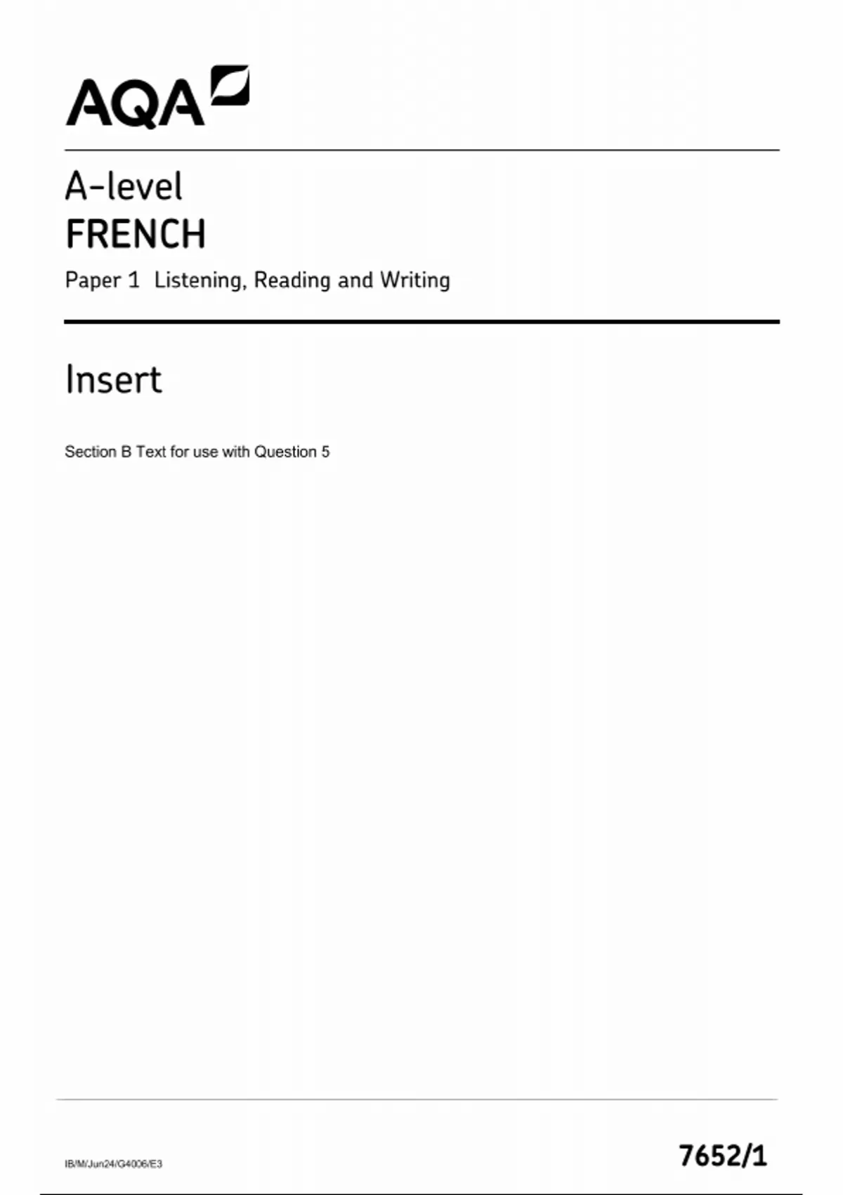 AQA A LEVEL FRENCH PAPER 1 7652/1 INSERT 2024 - AQA A LEVEL FRENCH ...