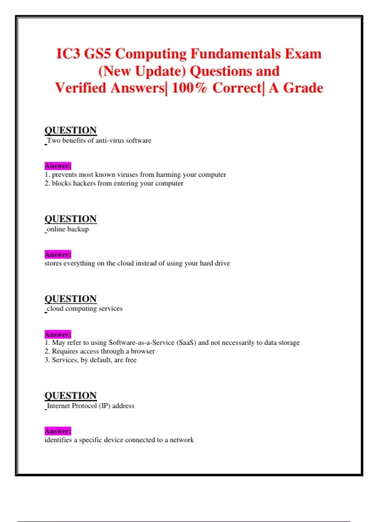 IC3 GS5 Computing Fundamentals Exam (New 2024/ 2025 Update) Questions and Verified Answers| 100% ...
