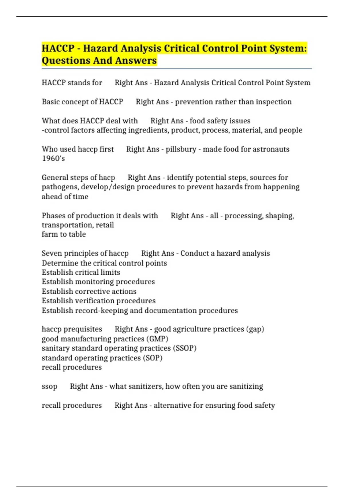 HACCP - Hazard Analysis Critical Control Point System: Questions And Answers - HACCP - Stuvia US